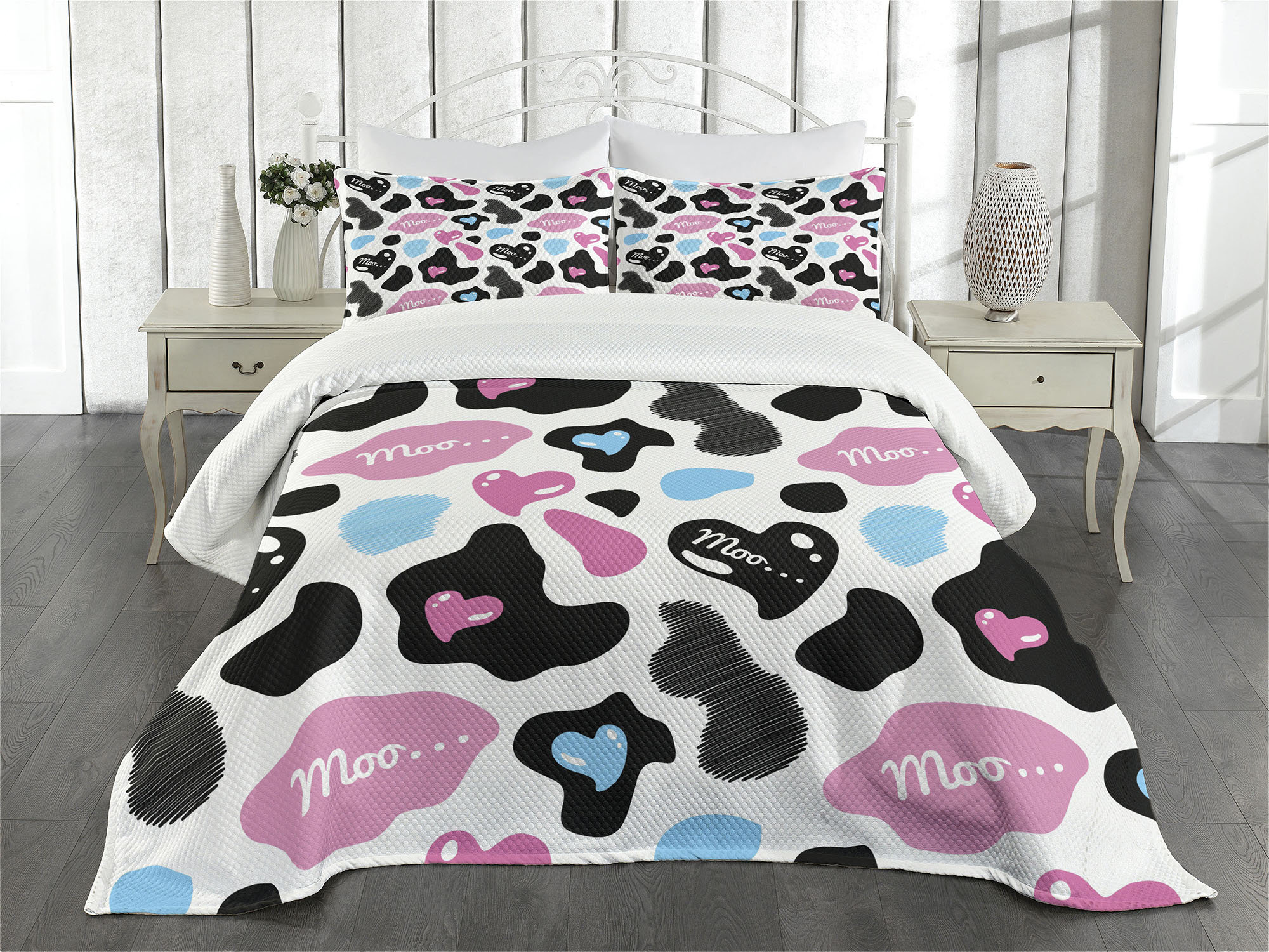 Ambesonne Cow Print Bedspread Set Cow Hide Heart Pale Pink Black White ...