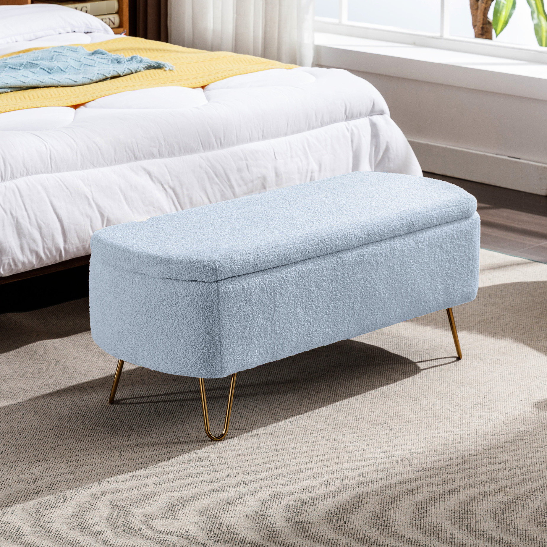 Latitude Run® Blue Storage Bench With Gold Legs - Grey Faux Fur For A ...
