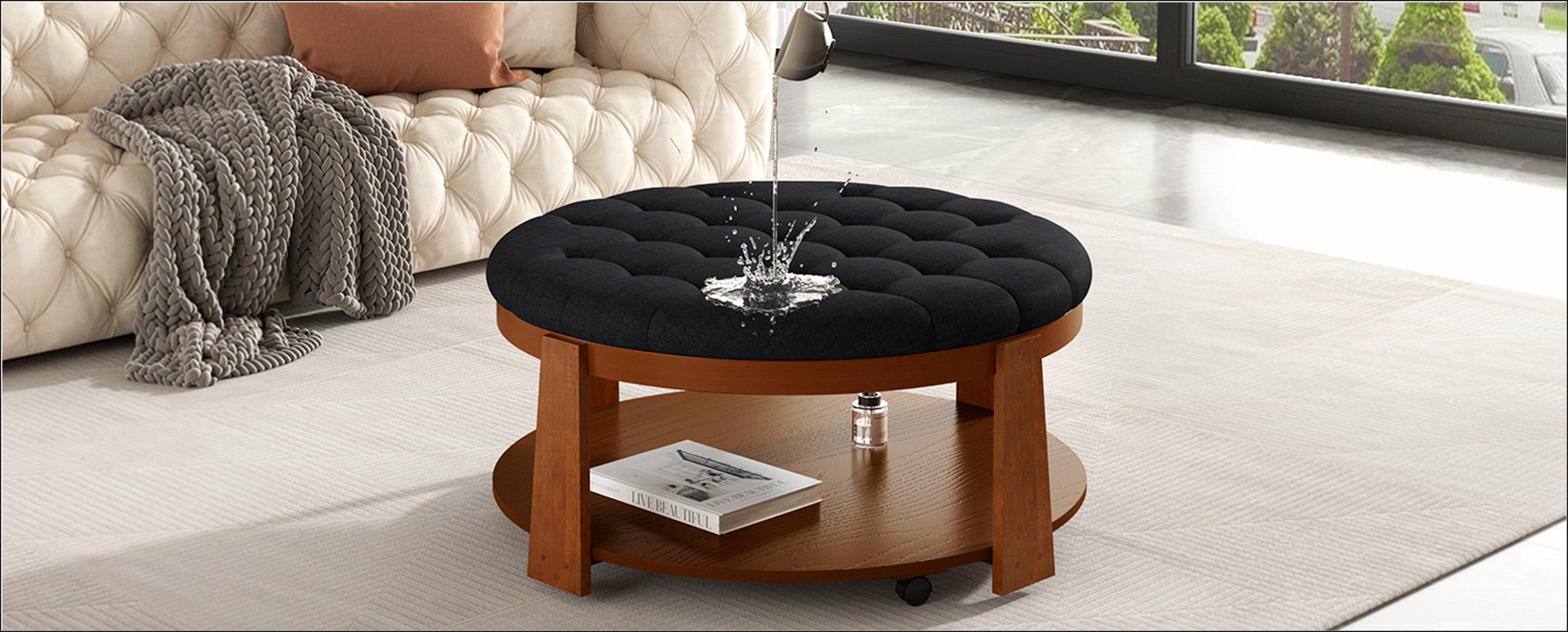 Latitude Run® Modern Large Round Ottoman Coffee Table 2-Tier Oversized ...