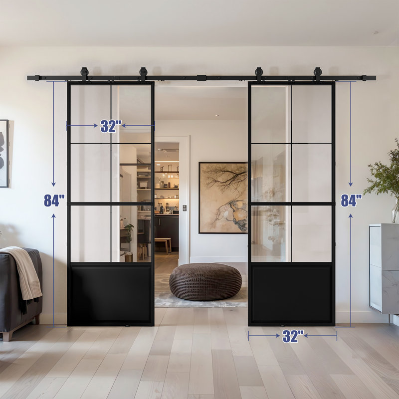 DoorFusion Metal and Glass Double Barn Doors with Hardware Kit (Soft ...