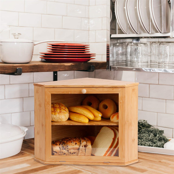 Belfry Kitchen Corner Bread Bin Bamboo Two-Layer Bread Box For Kitchen ...
