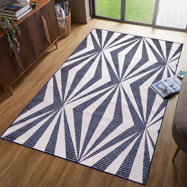 Metro Lane Amahri Geometric Machine Woven Blue/Cream Area Rug | Wayfair ...
