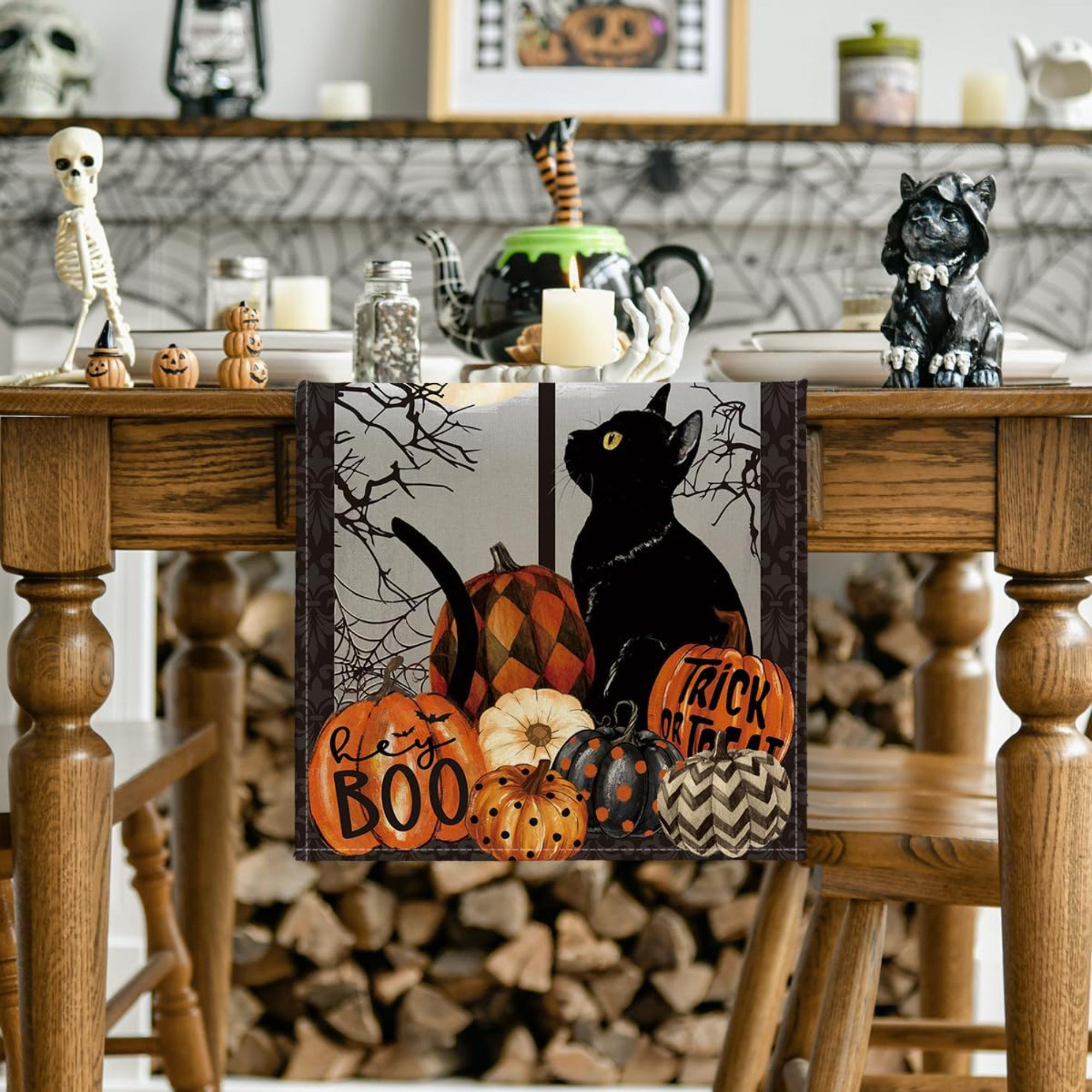 The Holiday Aisle® Cat Pumpkins Boo Halloween Table Runner, Trick Or ...