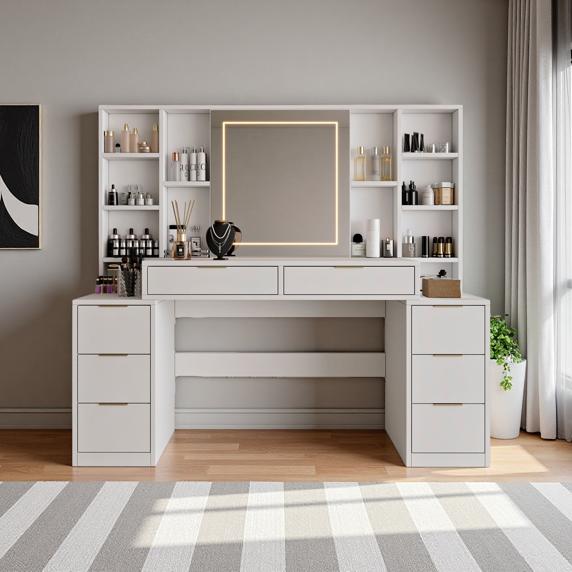 Ivy Bronx Makeup Vanity Desk With Mirror And Lights, 59" Large Vanity ...