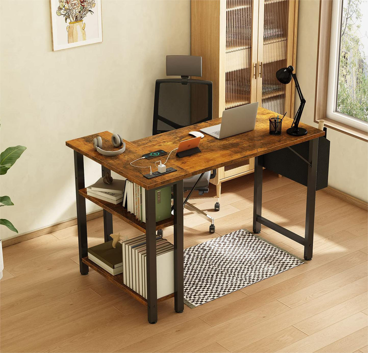 17 Stories Small L Shaped Desk With Power Outlet Shelves, 40 Inch ...