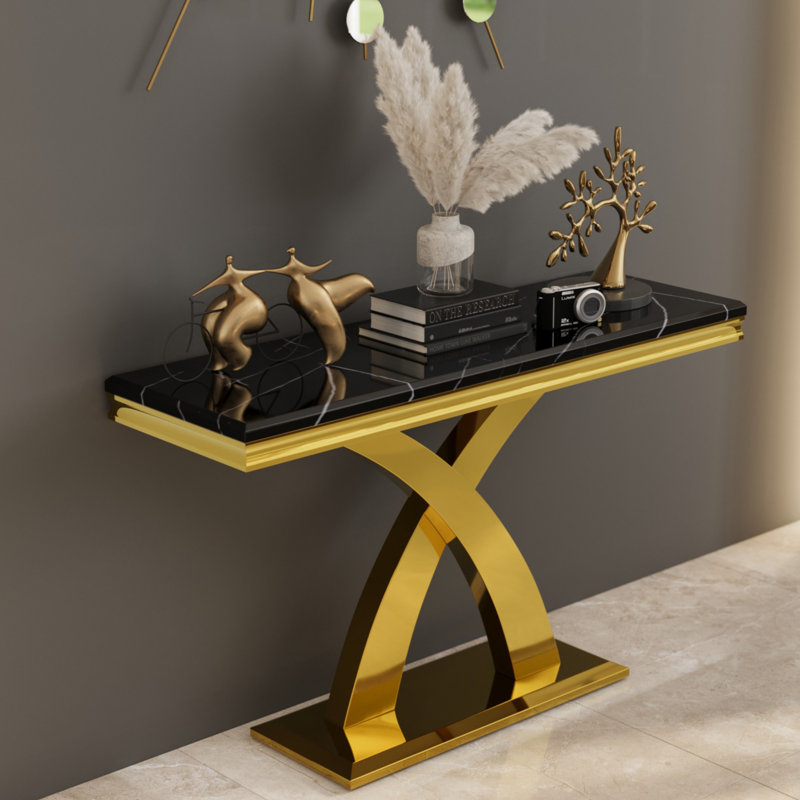 Everly Quinn Devendra 50'' Luxury Gold Console Tables with Rich Gold X ...