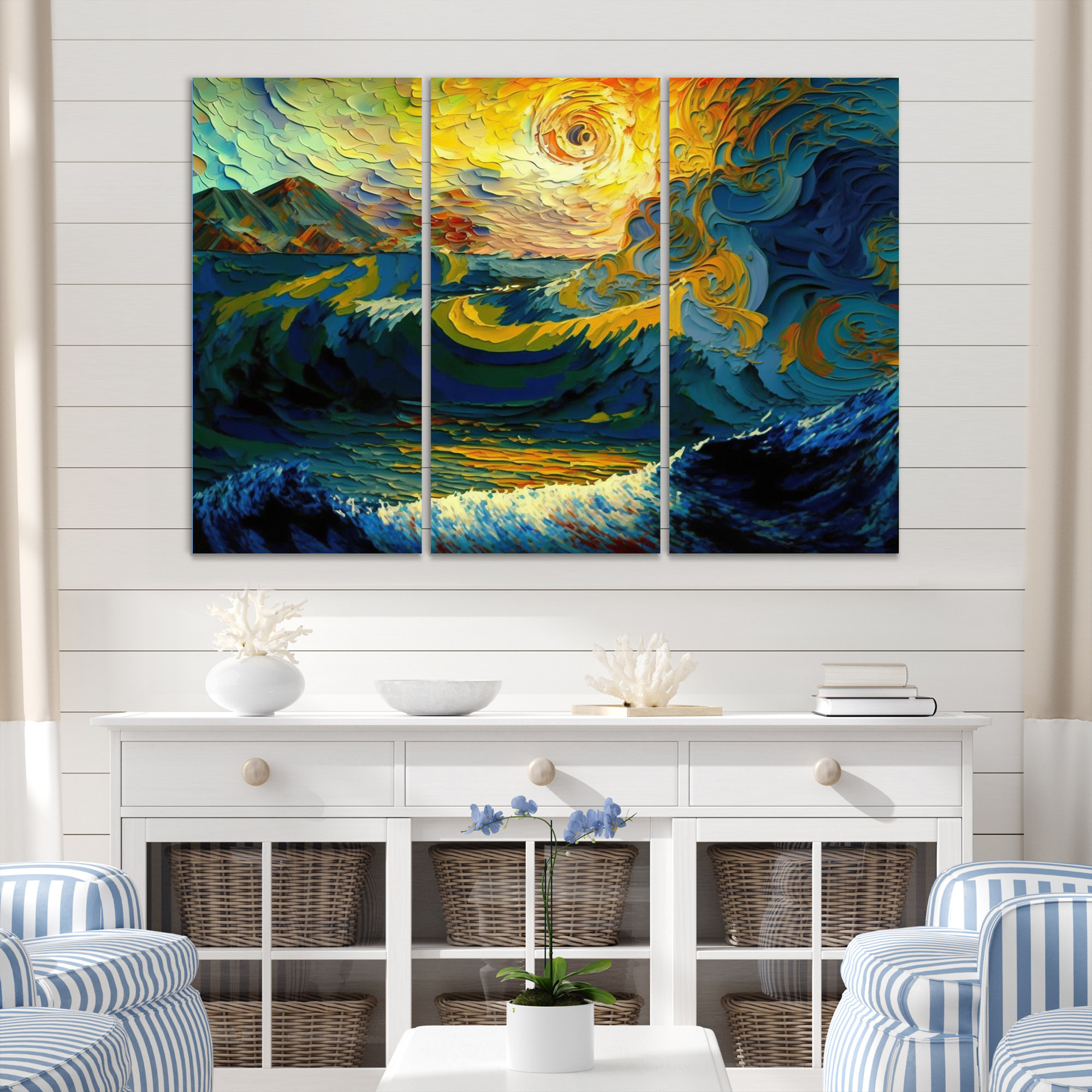 Design Art Wild Waves Breaking In The Sunset II - Coastal Waves Wall ...