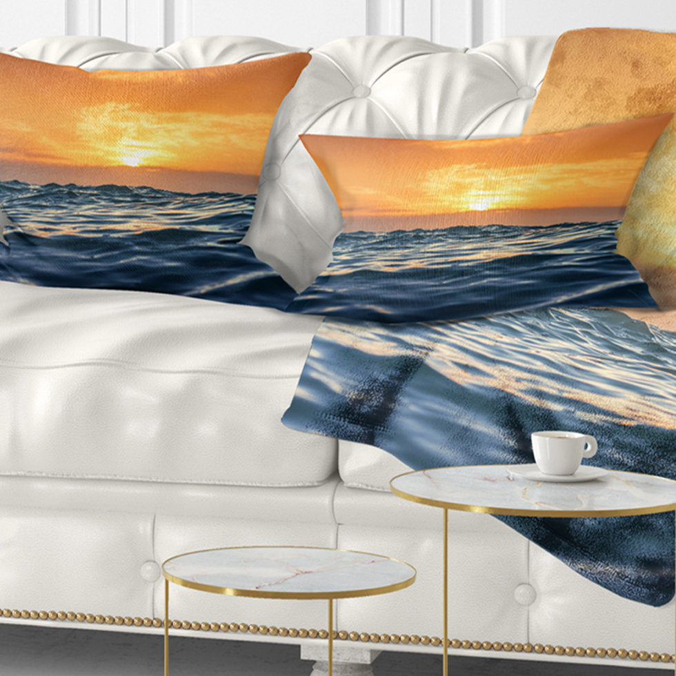 Design Art Blue Waves Dancing at Yellow Sunset - Sea & Shore Printed Throw Pillow | Wayfair