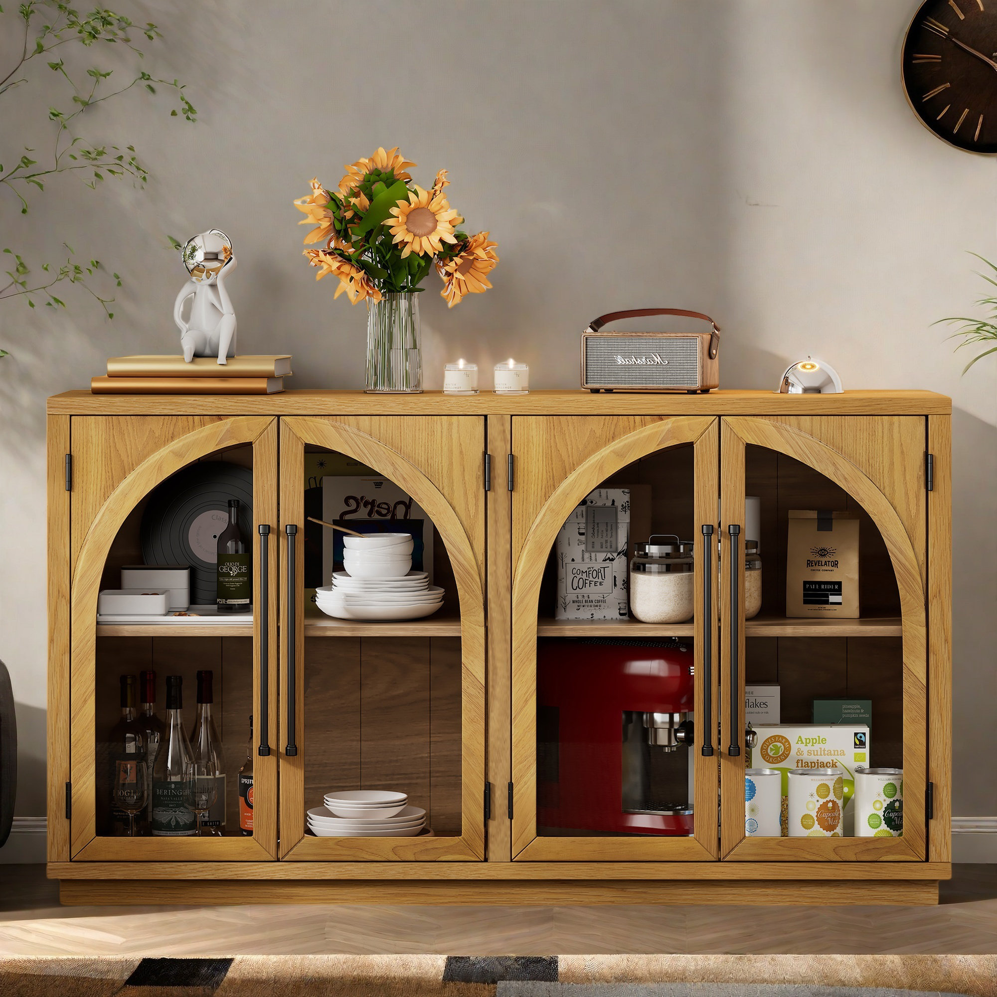 Ebern Designs 4-Door Large Storage Sideboard Buffet Cabinet With Glass Doors, Arched Cabinet ...