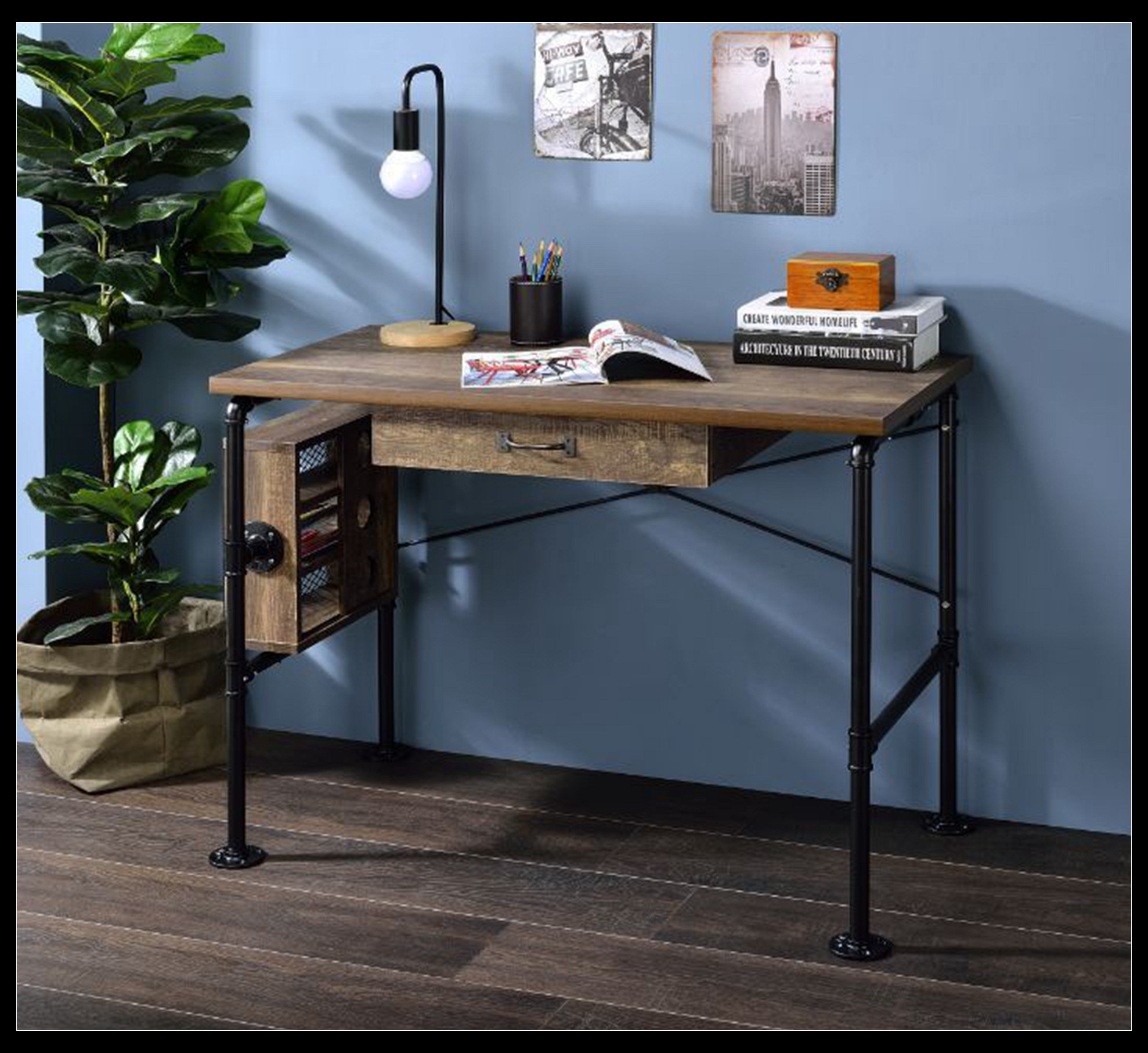 17 Stories Endang 1-Drawer Writing Desk in Weathered Oak and Black ...