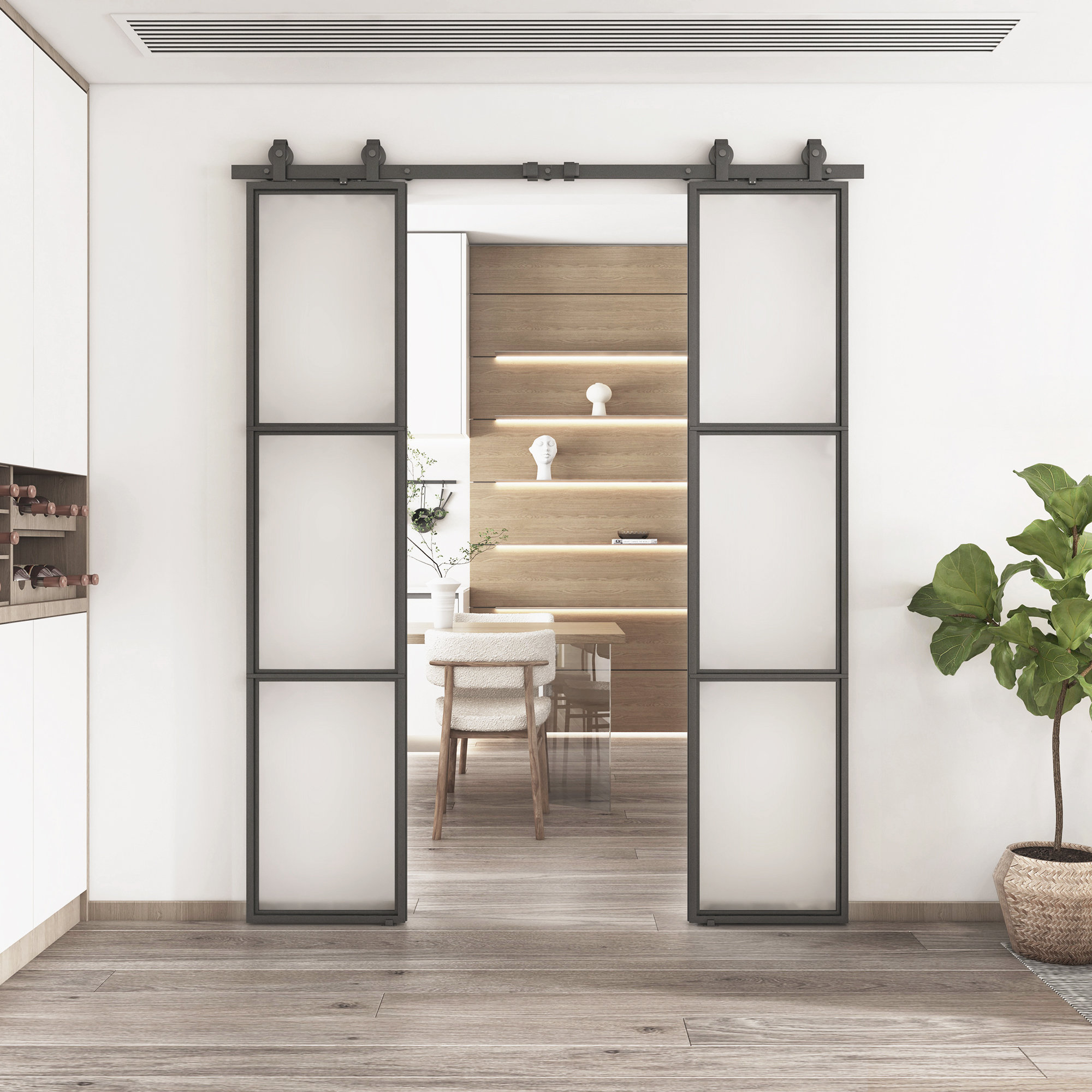 JUBEST Metal and Tempered Glass Double Sliding Barn Door with ...