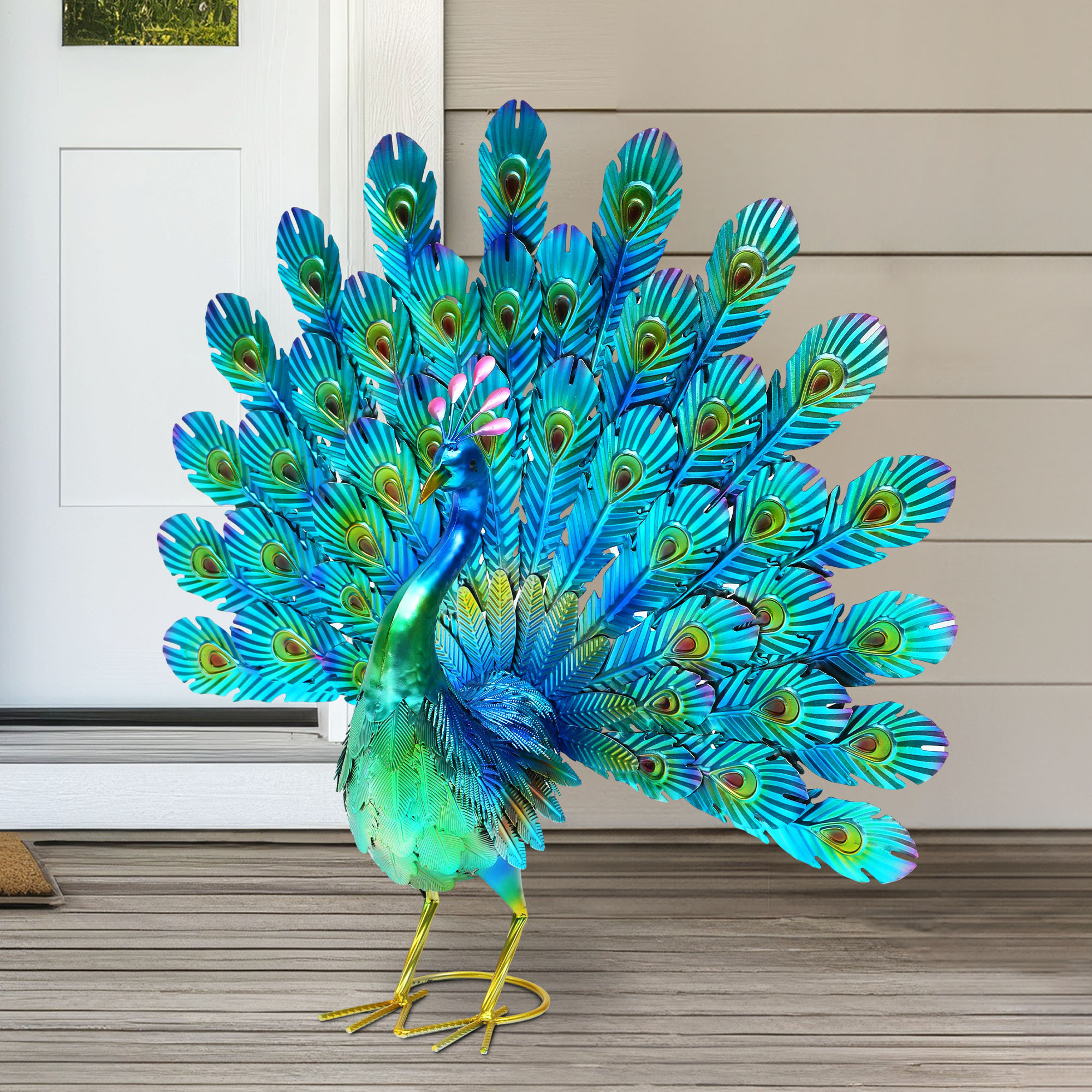 Dakota Fields 27.5" Metal Peacock Garden Statue, Tail Spread Peacock ...