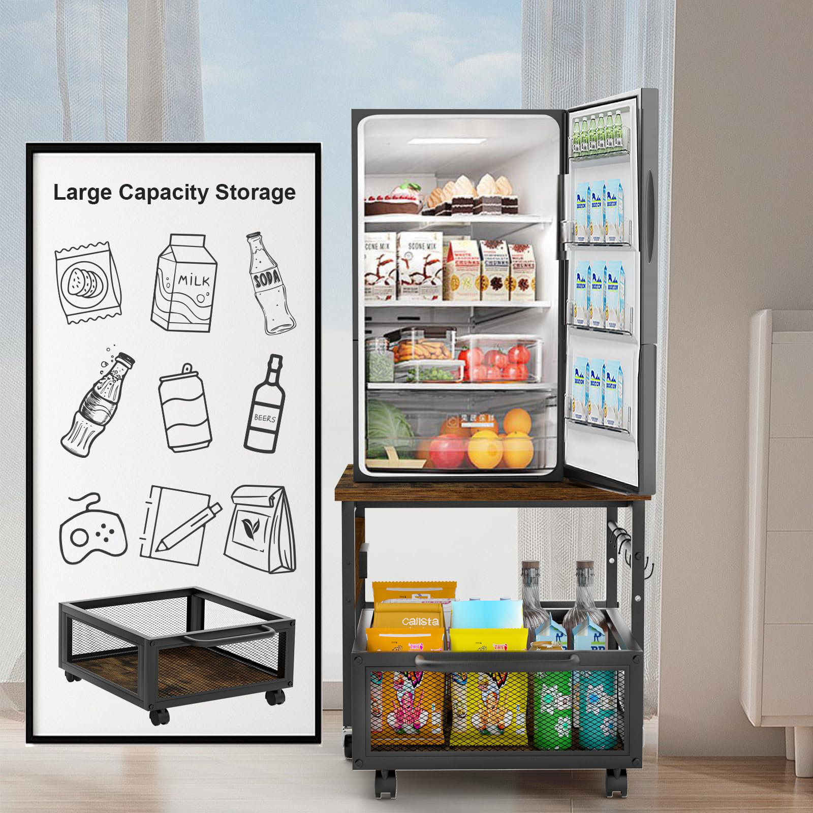 17 Stories Mini Fridge Stand With Storage And Wheels, Heavy Duty Mini ...