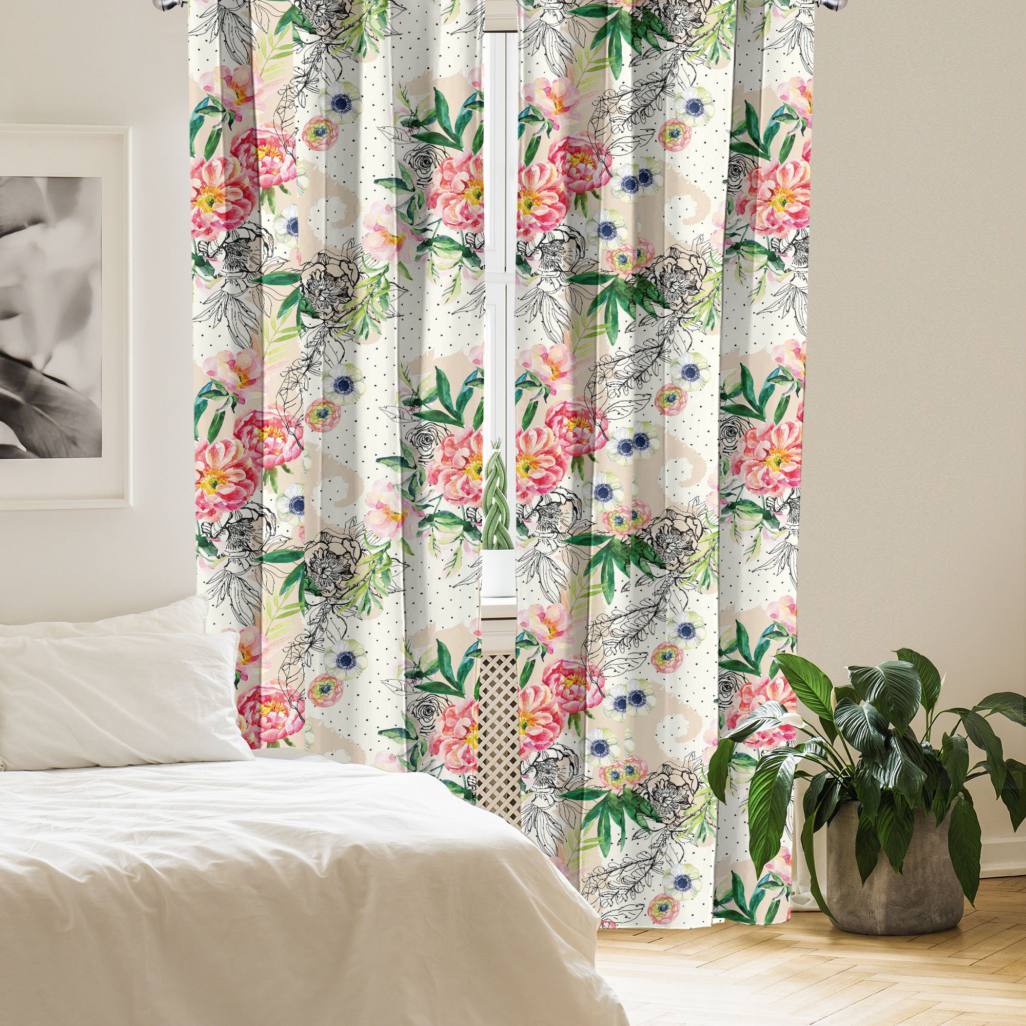 East Urban Home Ebinum East Urban Home Nature Curtains Watercolor Flowers Dots Art-425407 | Wayfair