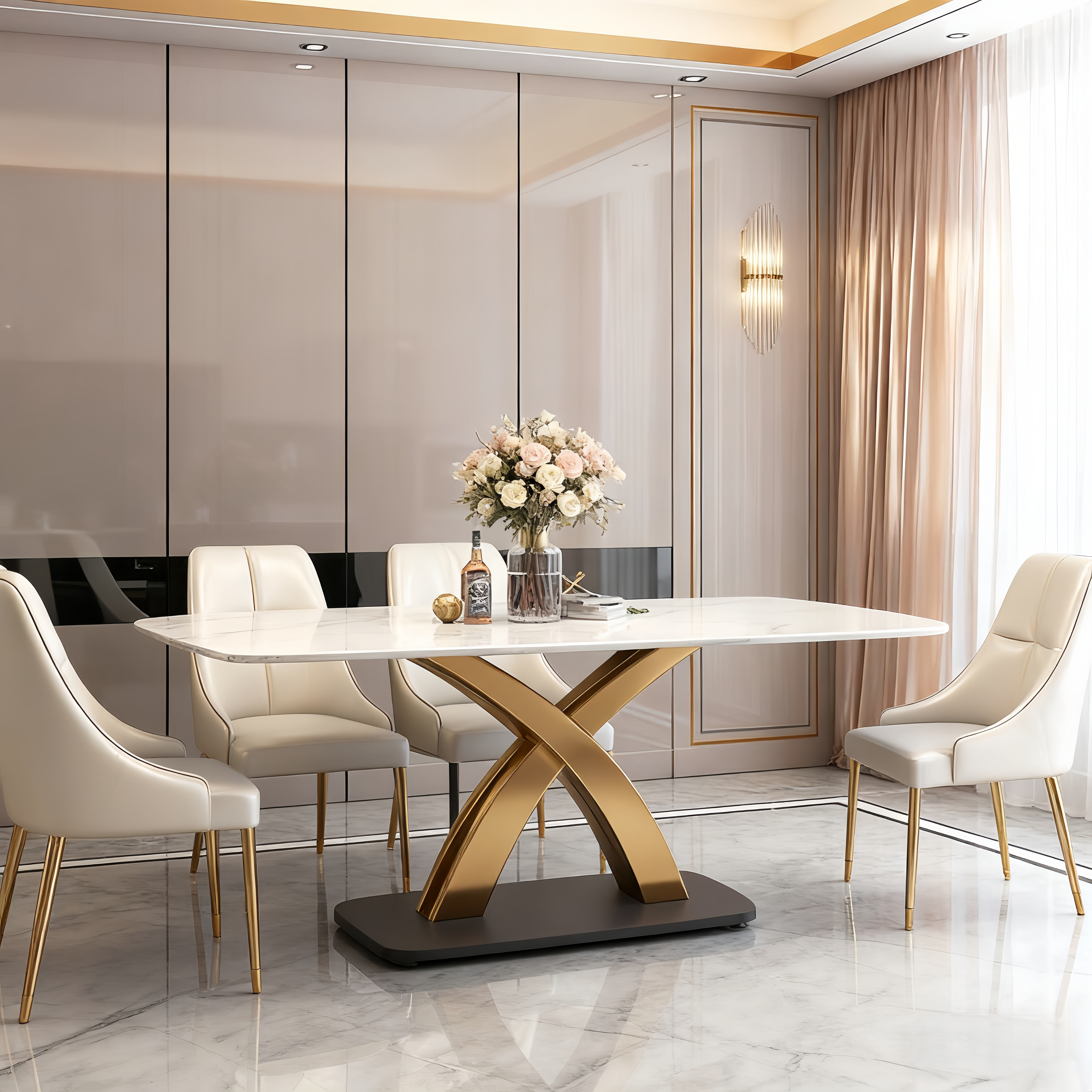 estatesplendor Modern White Marble Dining Table with Gold X-Shaped Base ...
