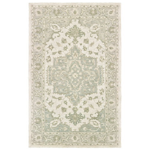 Bungalow Rose Alosio Oriental Handmade Tufted Wool/Cotton Sea Green ...