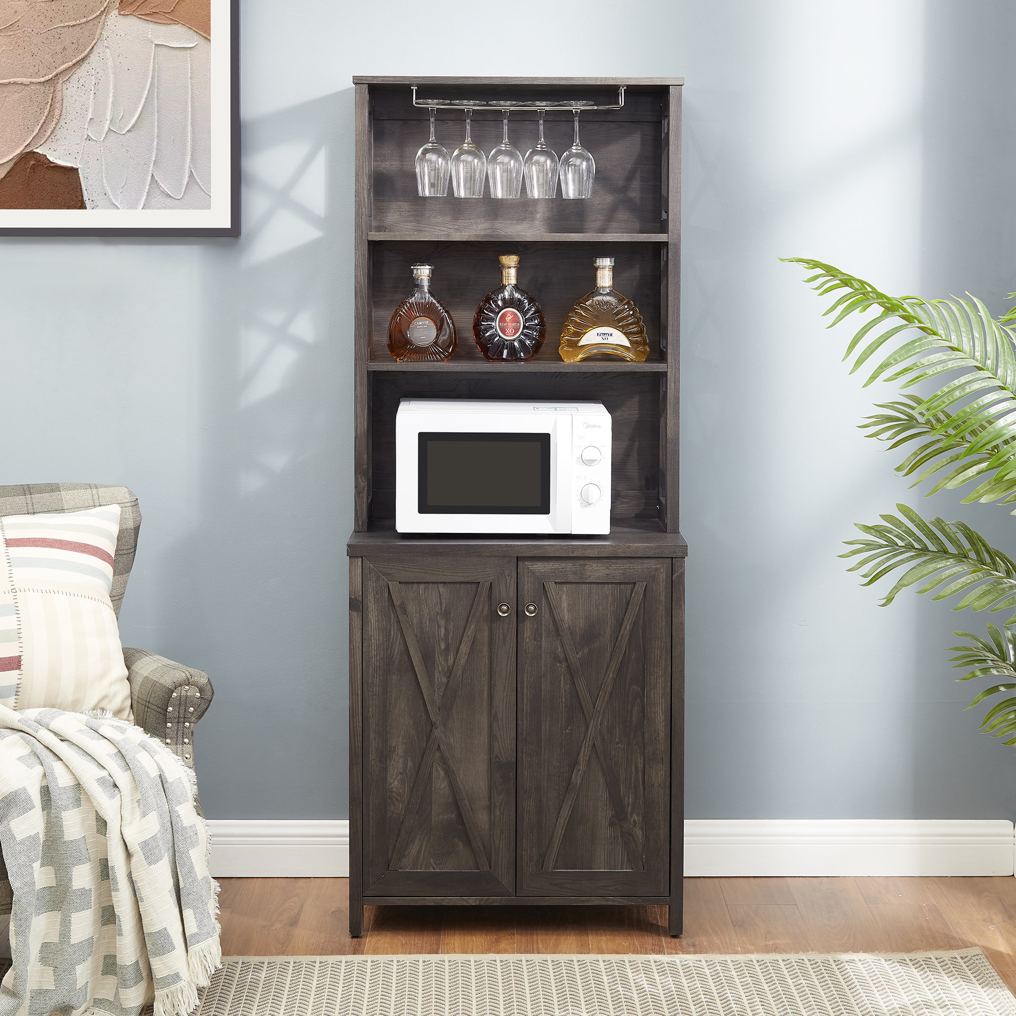 Gracie Oaks Charcoal Grey Coffee Bar Cabinet With Microwave Stand ...