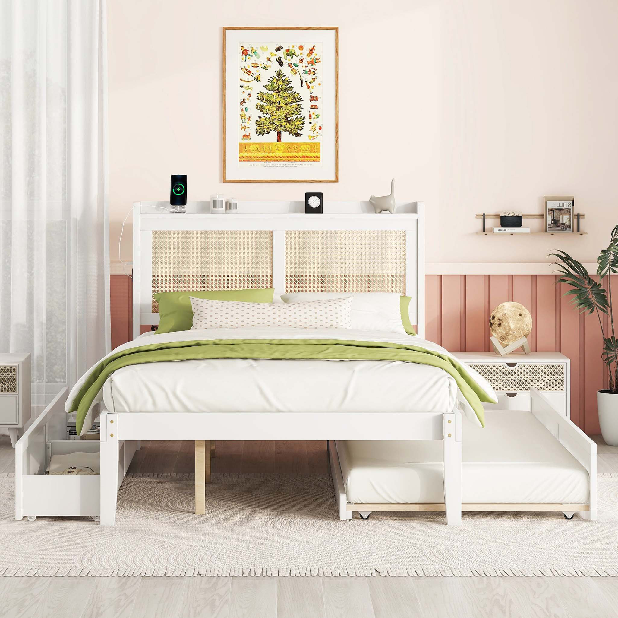 Latitude Run® Full Size Elegant Wooden Bed Frame with Rattan Headboard ...
