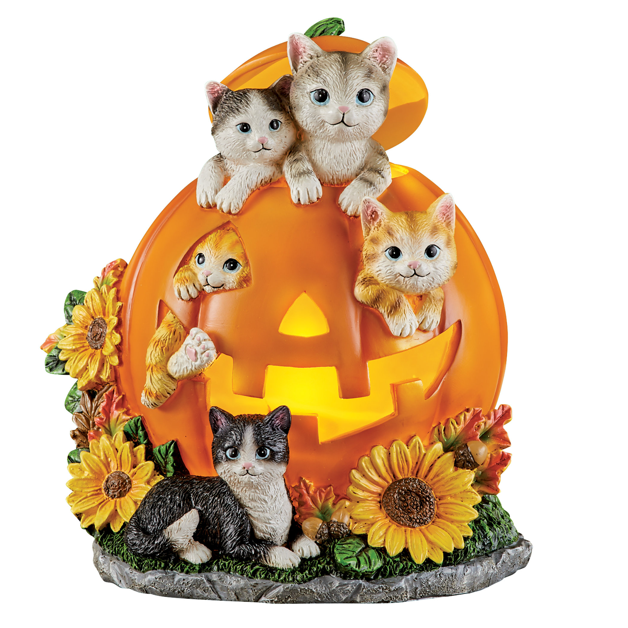 The Holiday Aisle® Hand-Painted LED Lighted Pumpkin Cats Tabletop ...