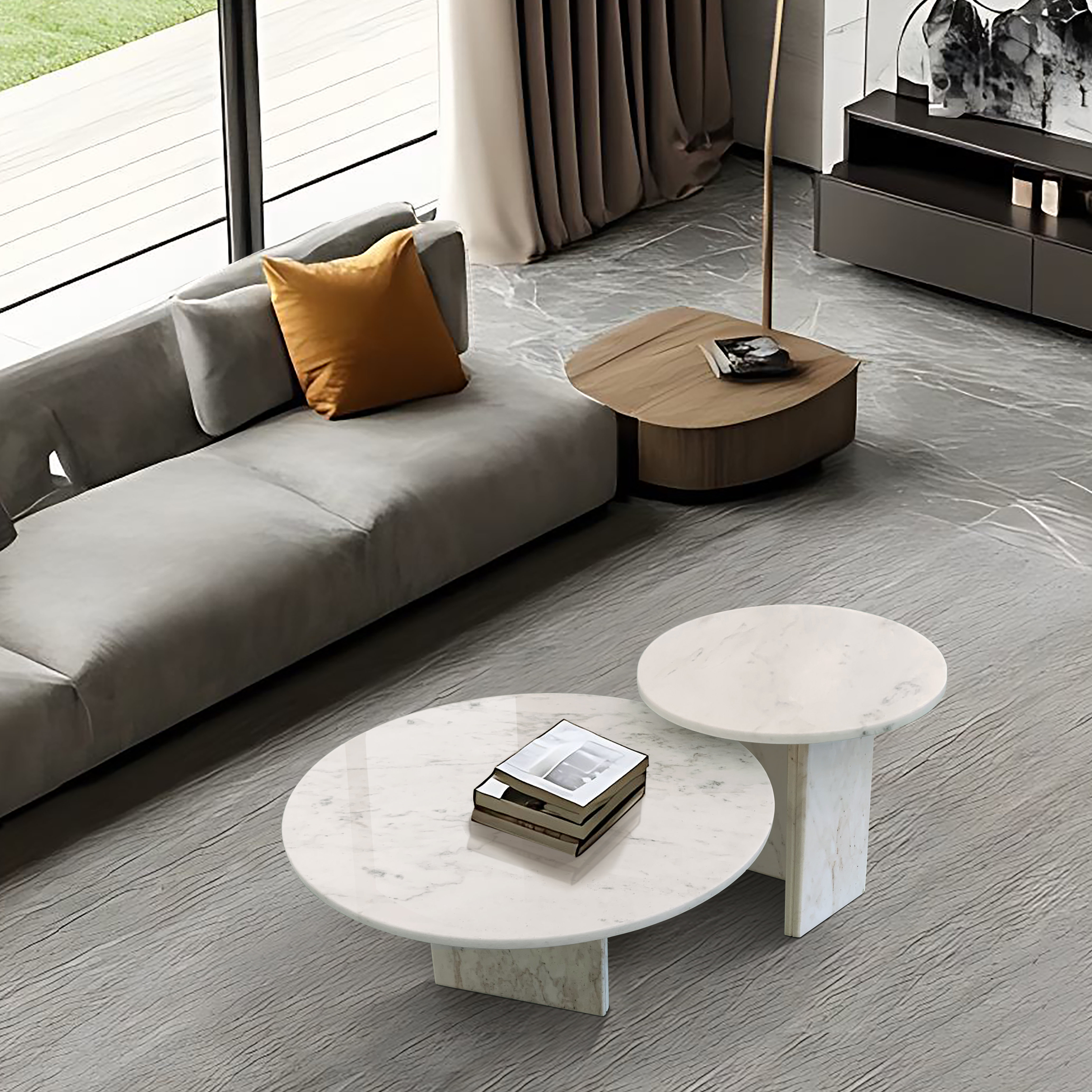 Wrought Studio™ Round Natural Marble Coffee Table, Genuine Stone Living ...