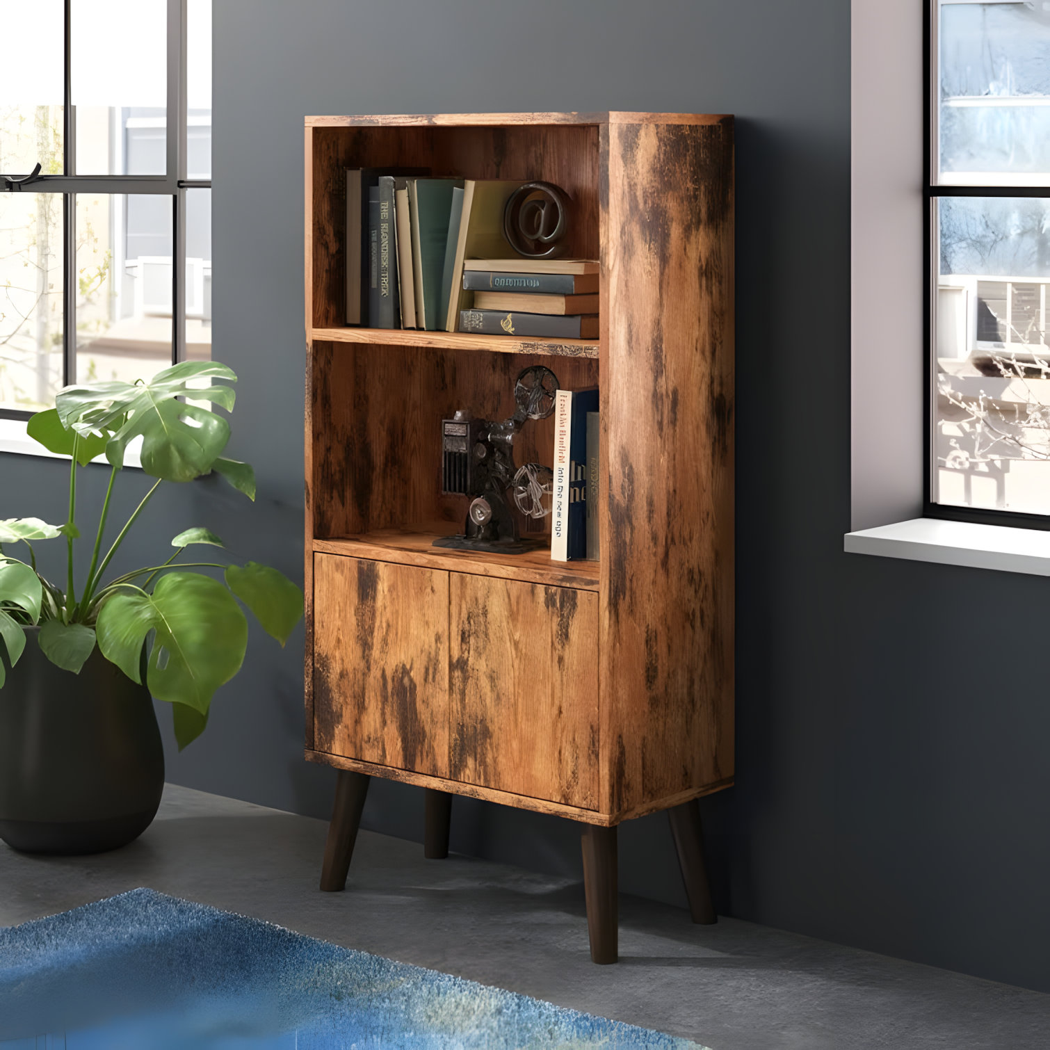 Corrigan Studio® Industrial Bookcase With Doors, Rustic 2-Tier Storage ...