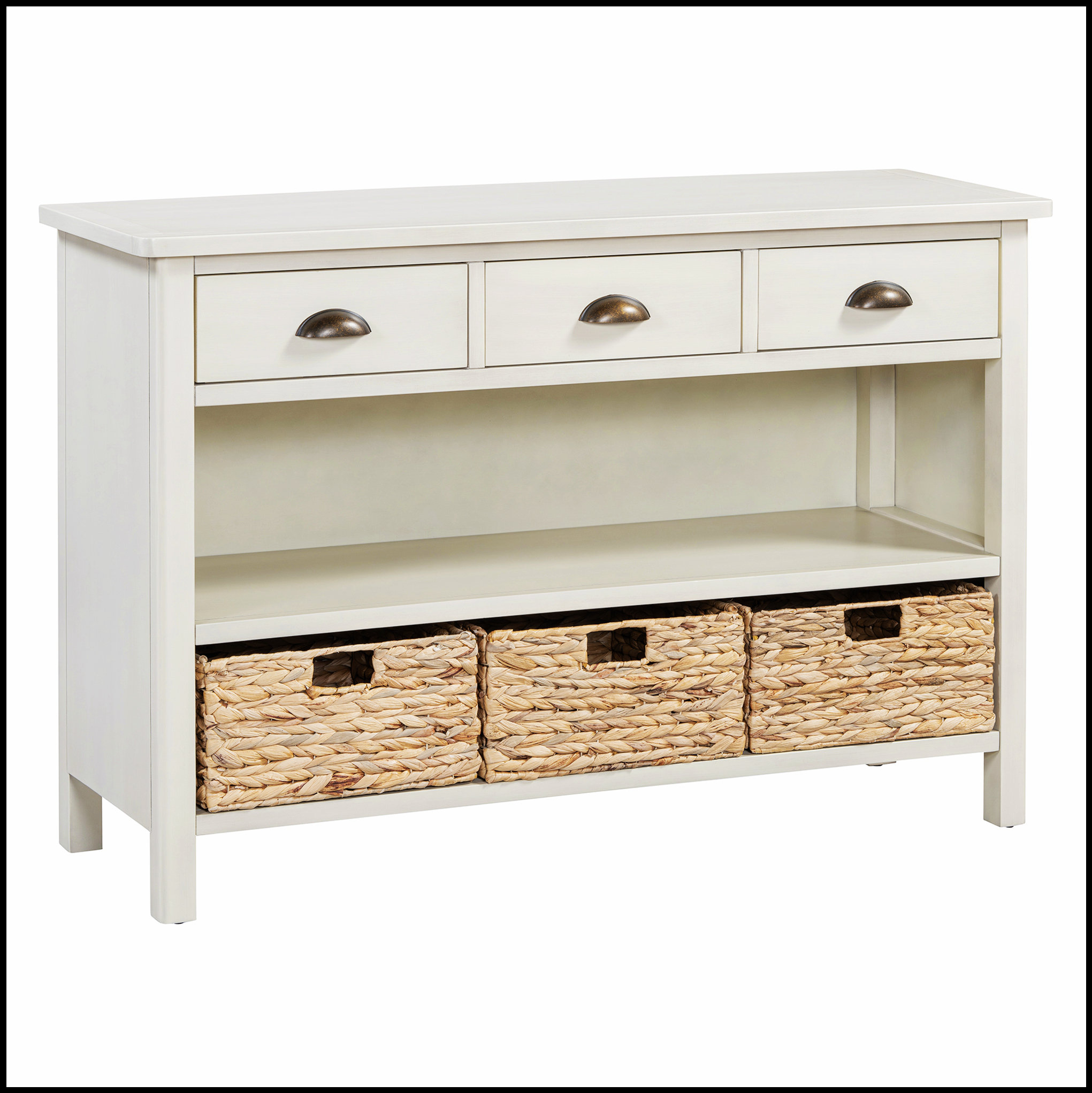 Ophelia & Co. Vintage Console Table with Drawers and Woven Baskets ...