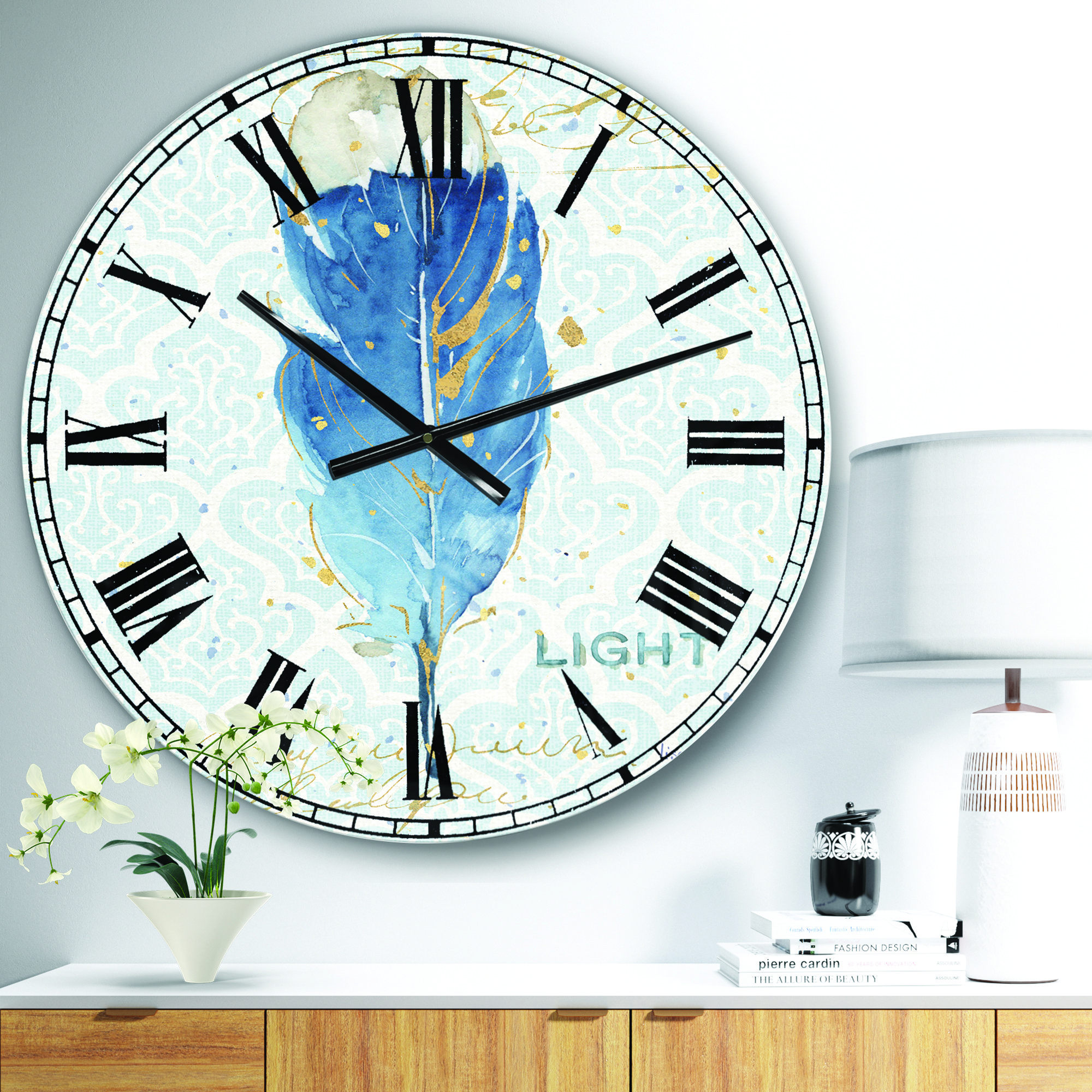 The Twillery Co.® Swigart Blue Damask Feather - Farmhouse wall clock ...