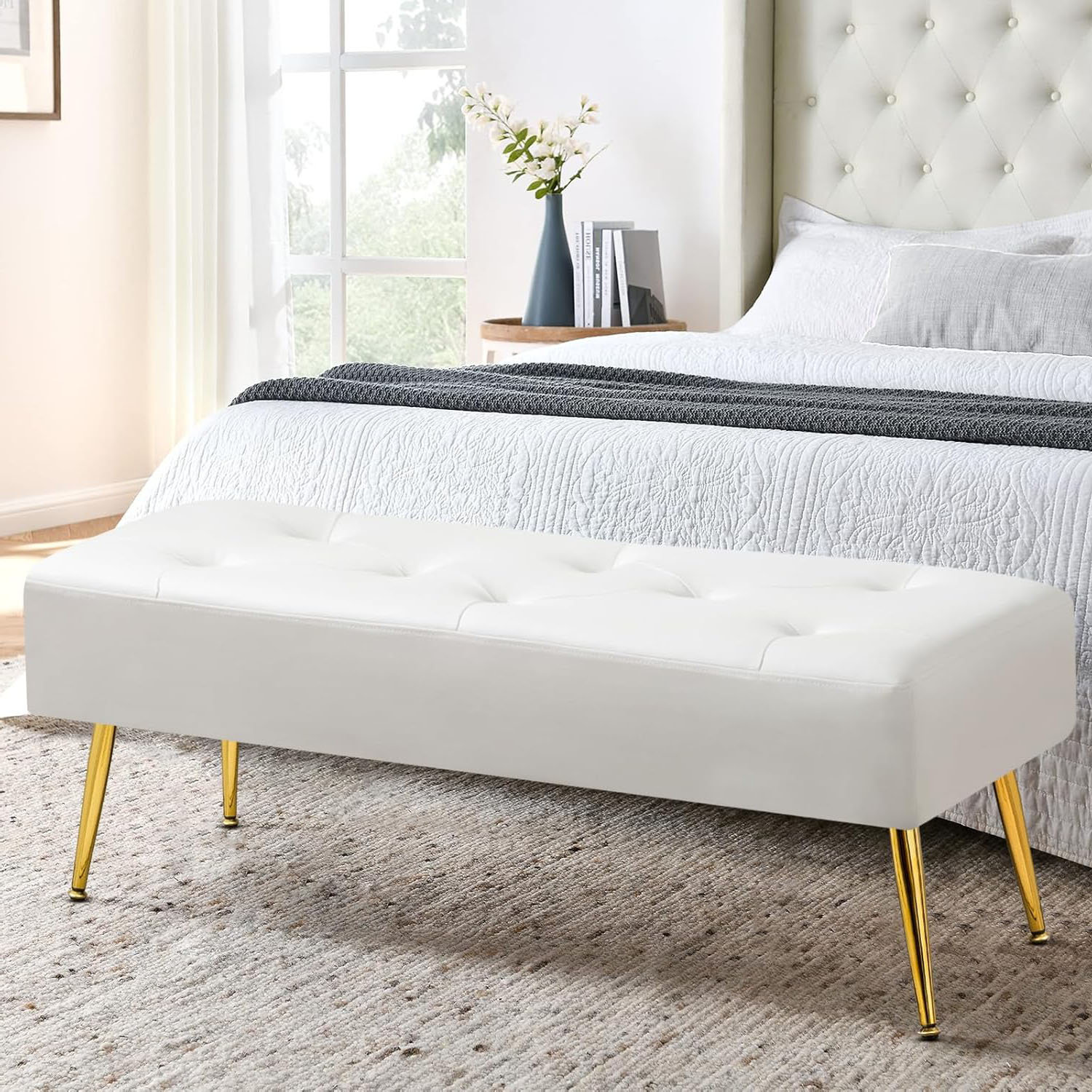 Everly Quinn 44 Inch Bedroom Bench, Upholstered Tufted Striped Fabric ...