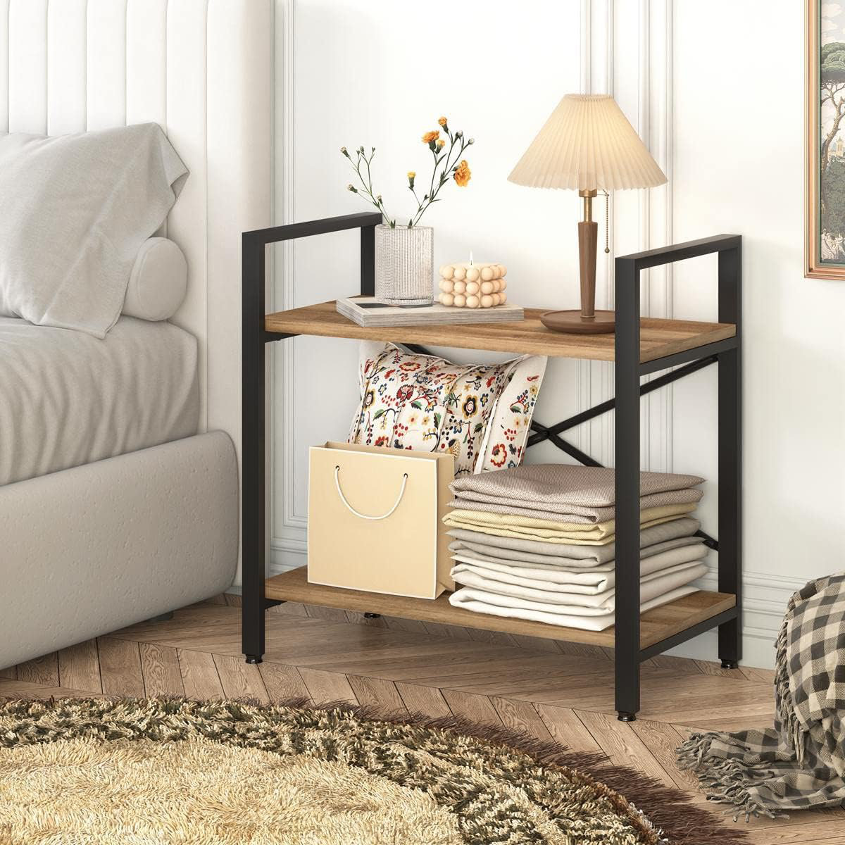 17 Stories Small Short Bookshelf, Wood 2 Shelf Etagere Bookcase, Metal ...