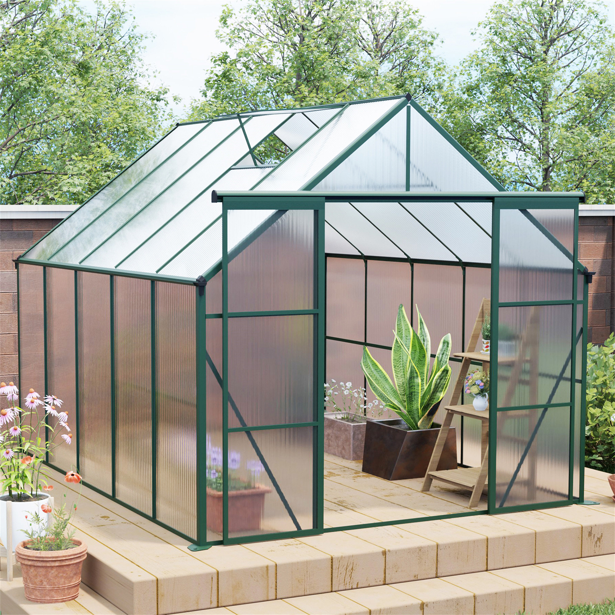 Ceballos 8X10ft Double Door Polycarbonate Greenhouse Raised Base And ...