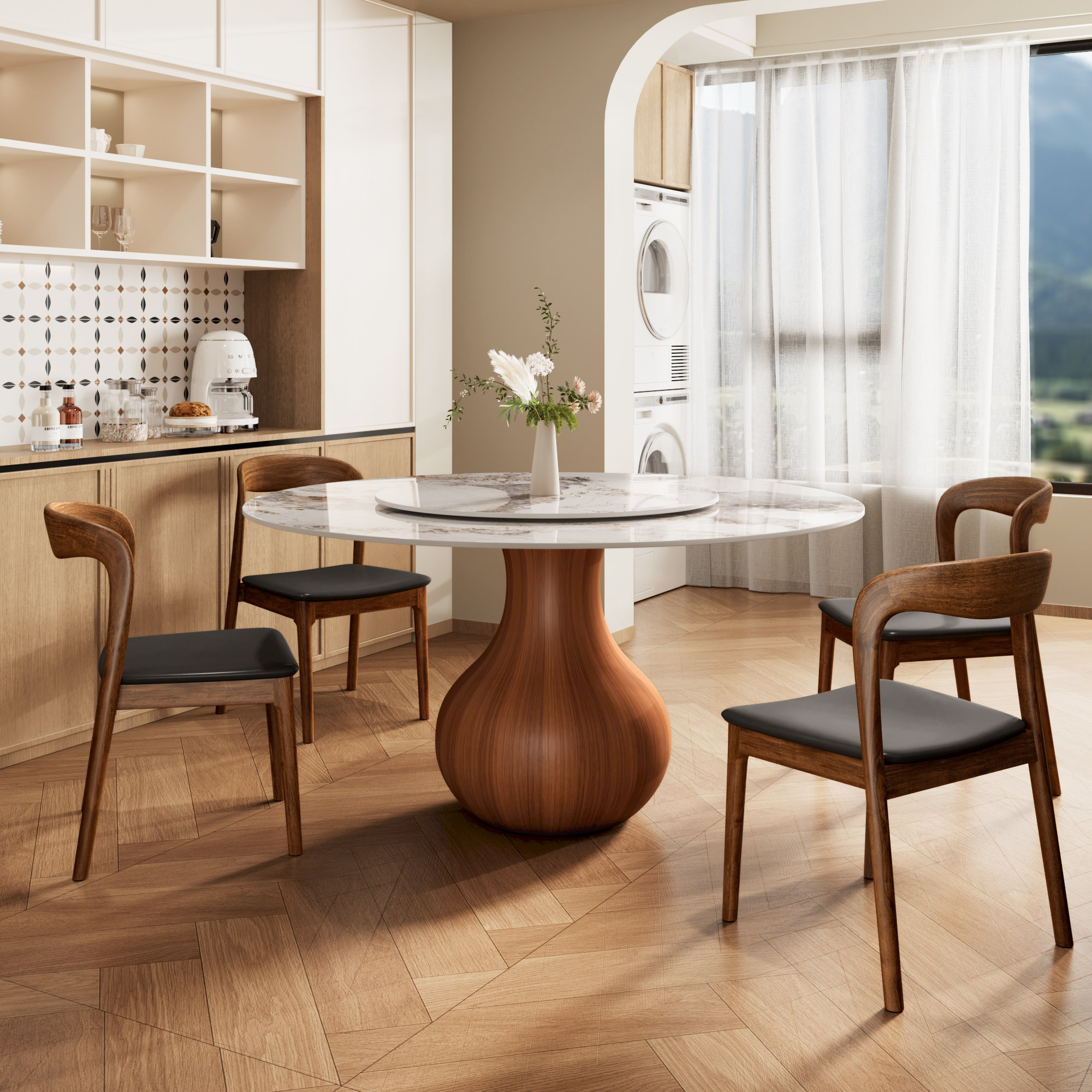 Orren Ellis Kitchen Round Dining Set With Lazy Susan And 4 Chairs | Wayfair