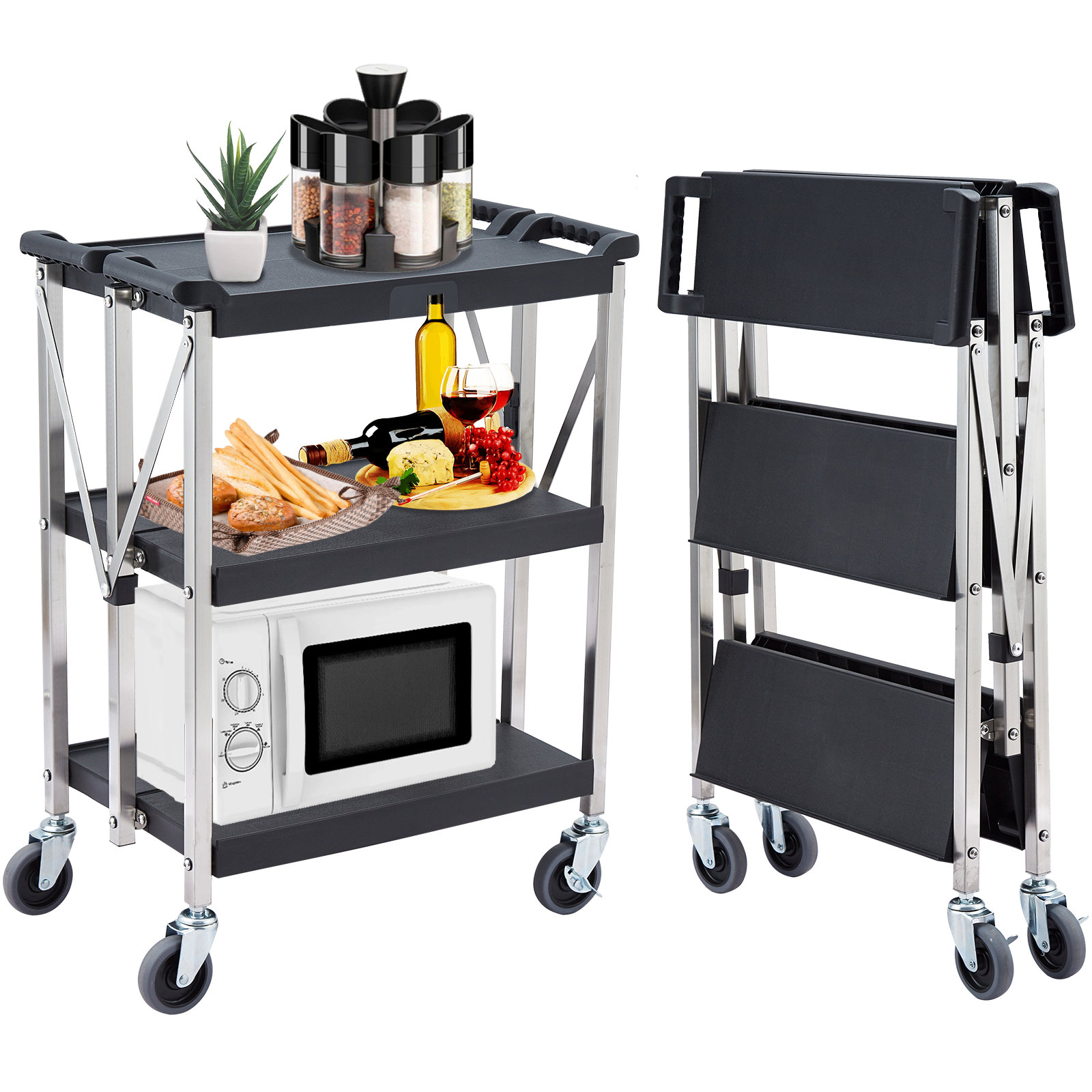17 Stories Portable Folding Service Cart, 3-tier Fold Up Rolling Cart, Up To 330 Lbs Load ...
