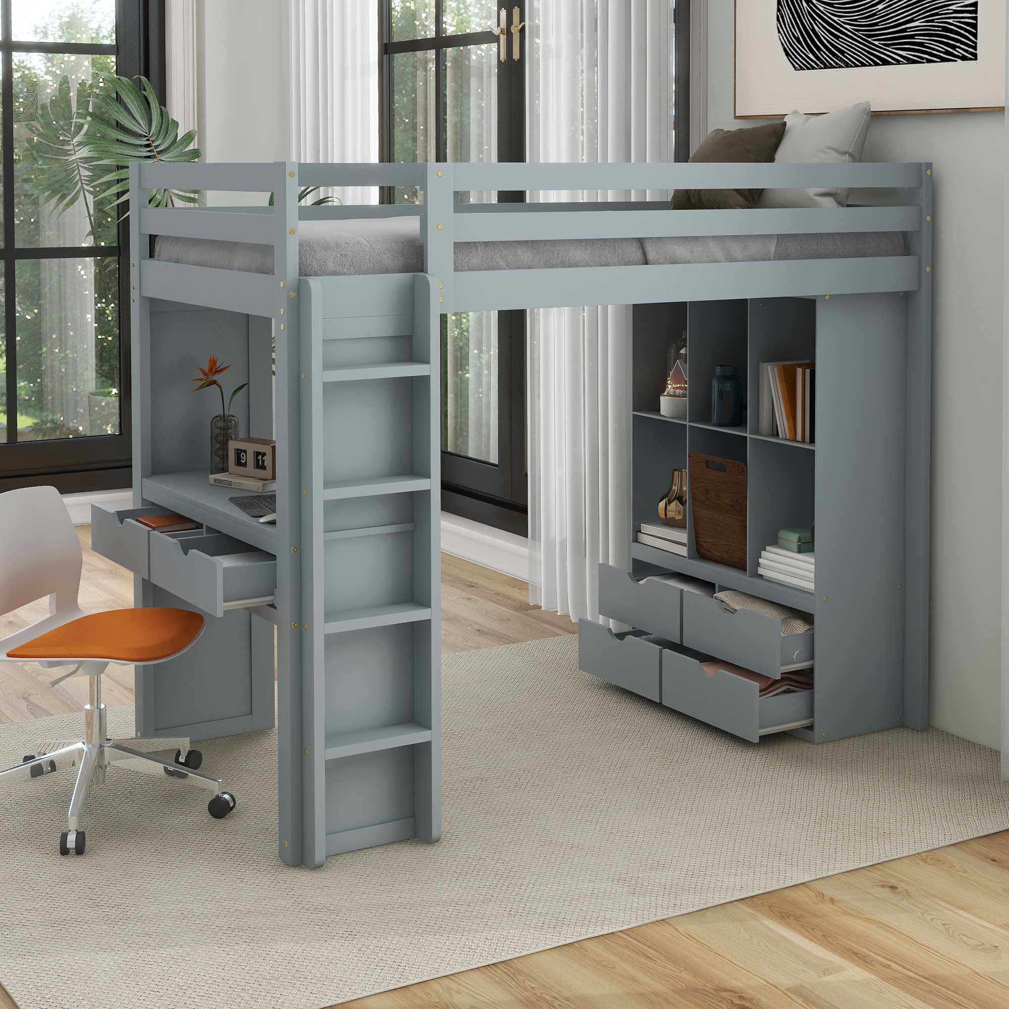 Harriet Bee Leda Kids Loft Bed with LED Lights and Desk | Wayfair