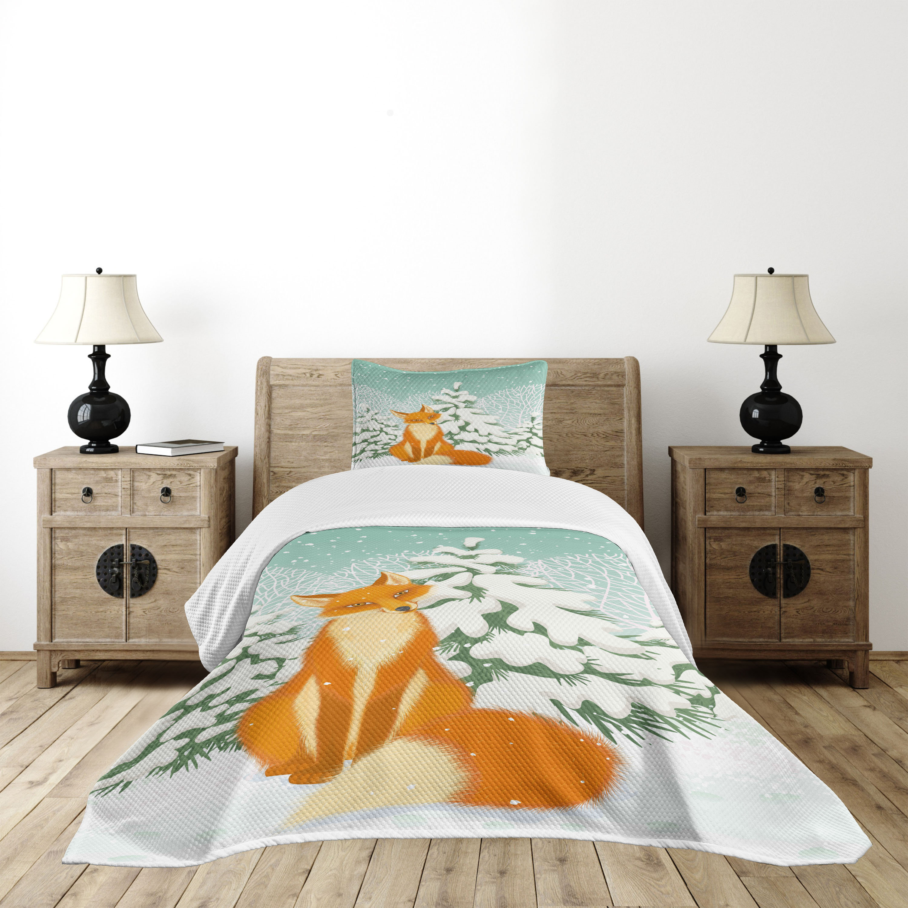Ambesonne Fox Bedspread Set Red Fox Winter Forest Xmas Almond Green ...