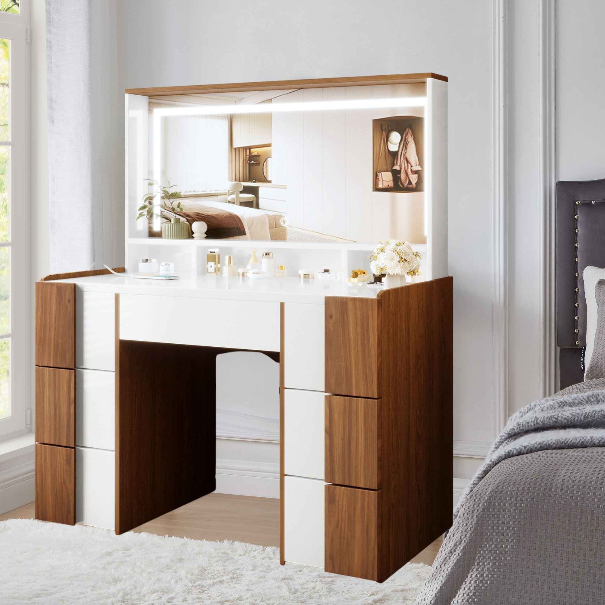 Brayden Studio® Vanity Table With 7 Drawers And Power Outlet | Wayfair