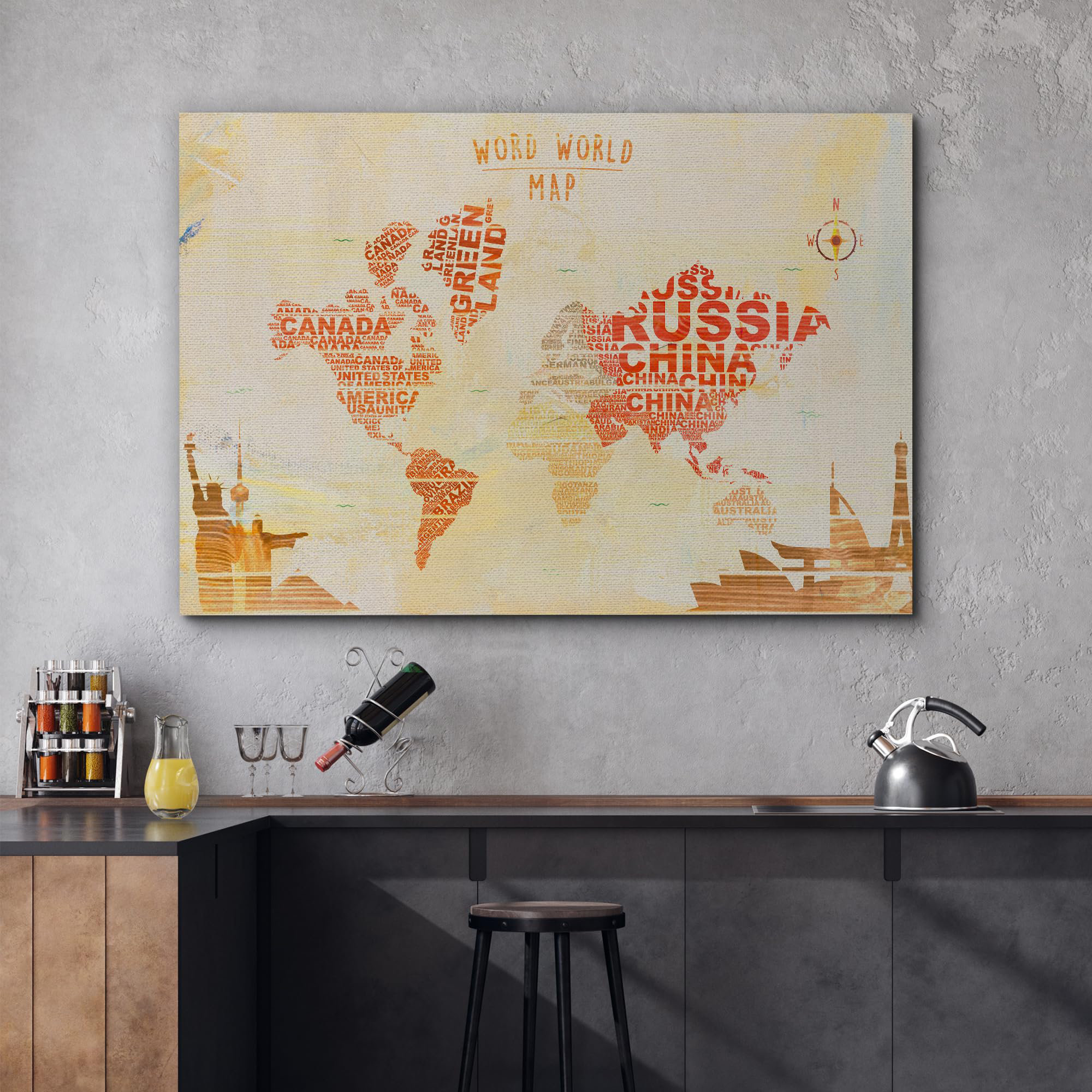 IDEA4WALL World Map Typography Landmark On Canvas Print | Wayfair