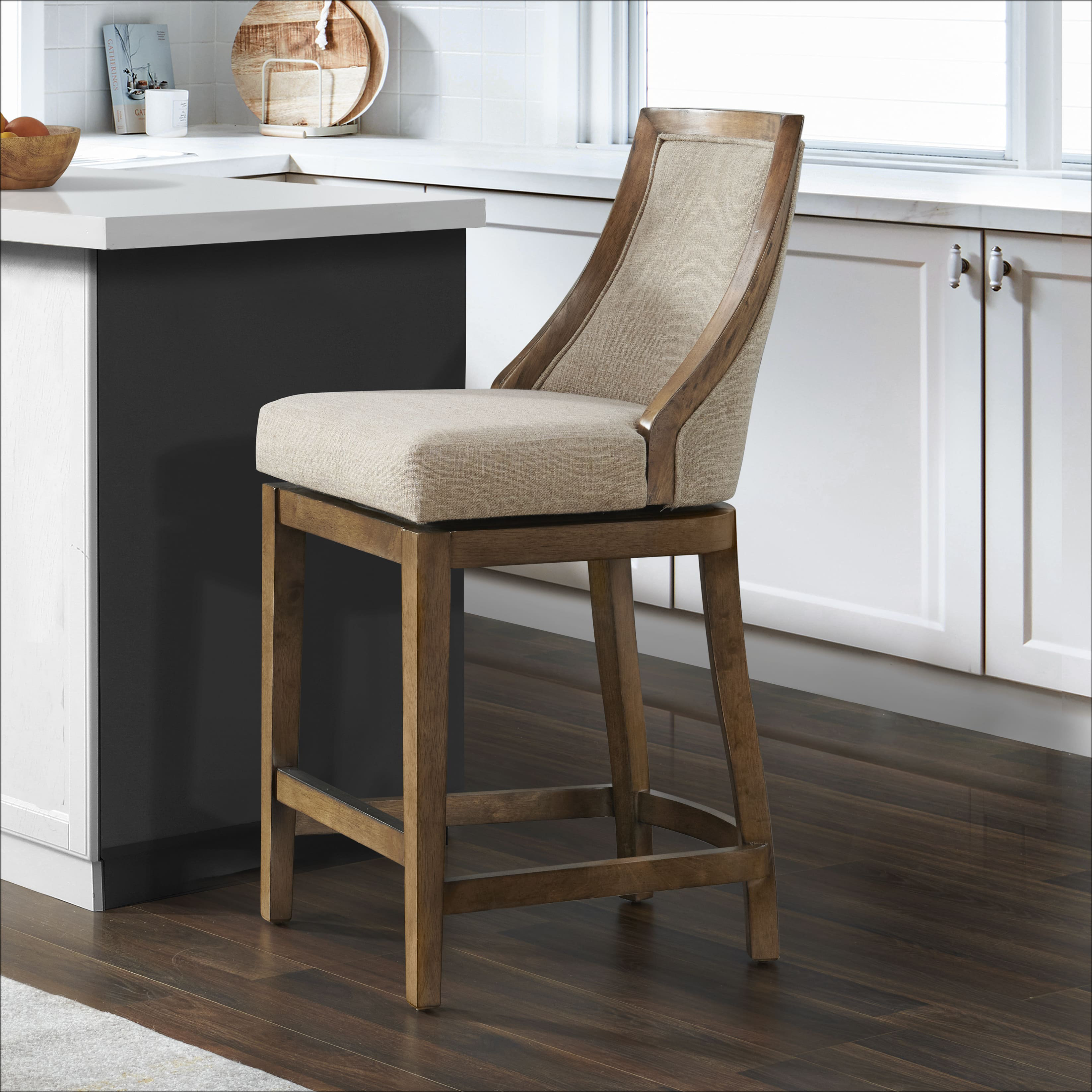 Alaterre Ellie Bar Height Stool, Back, Swivel Seat, Brown, Upholstered ...