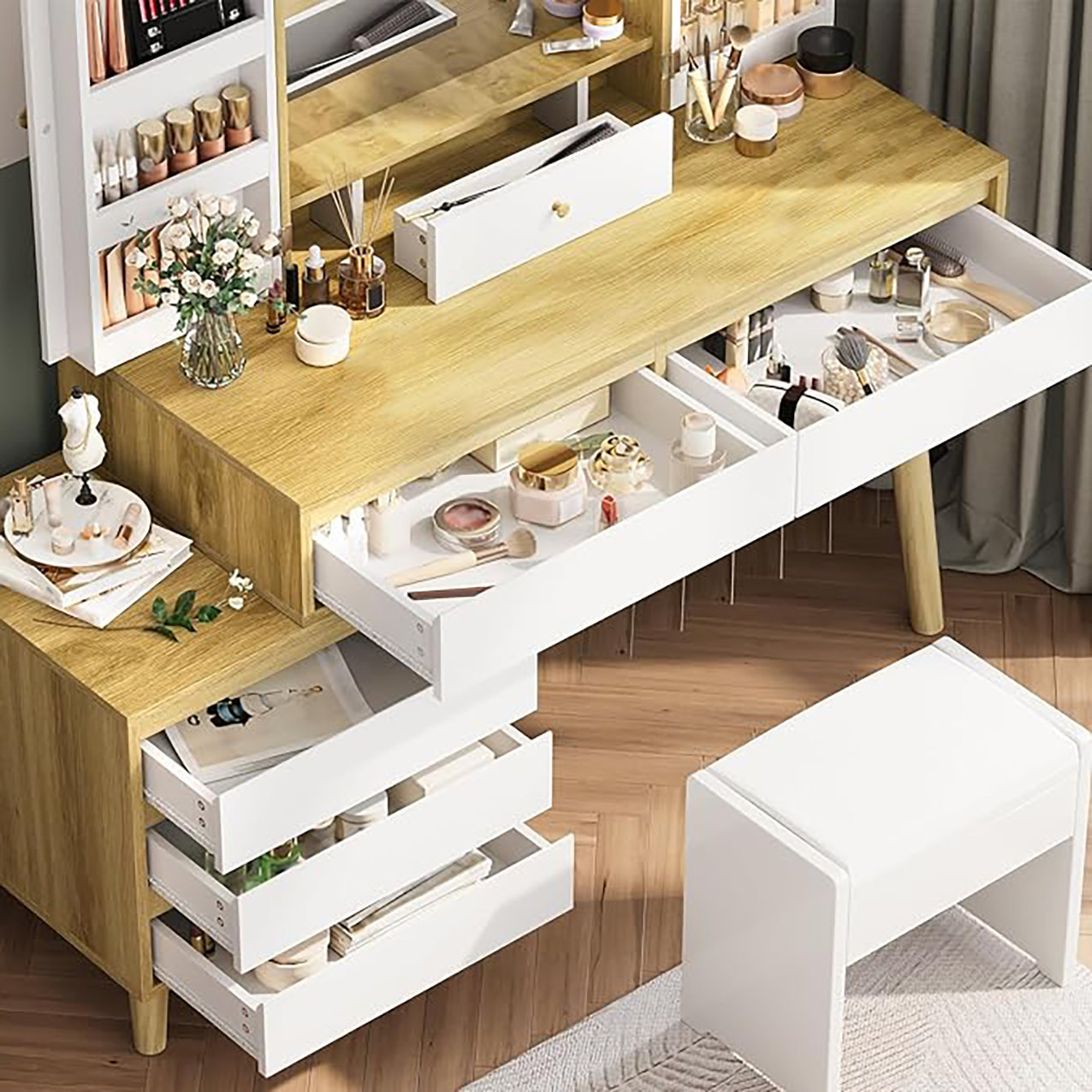George Oliver Farmhouse Makeup And Dressing Table With Large Mirror, 6 ...