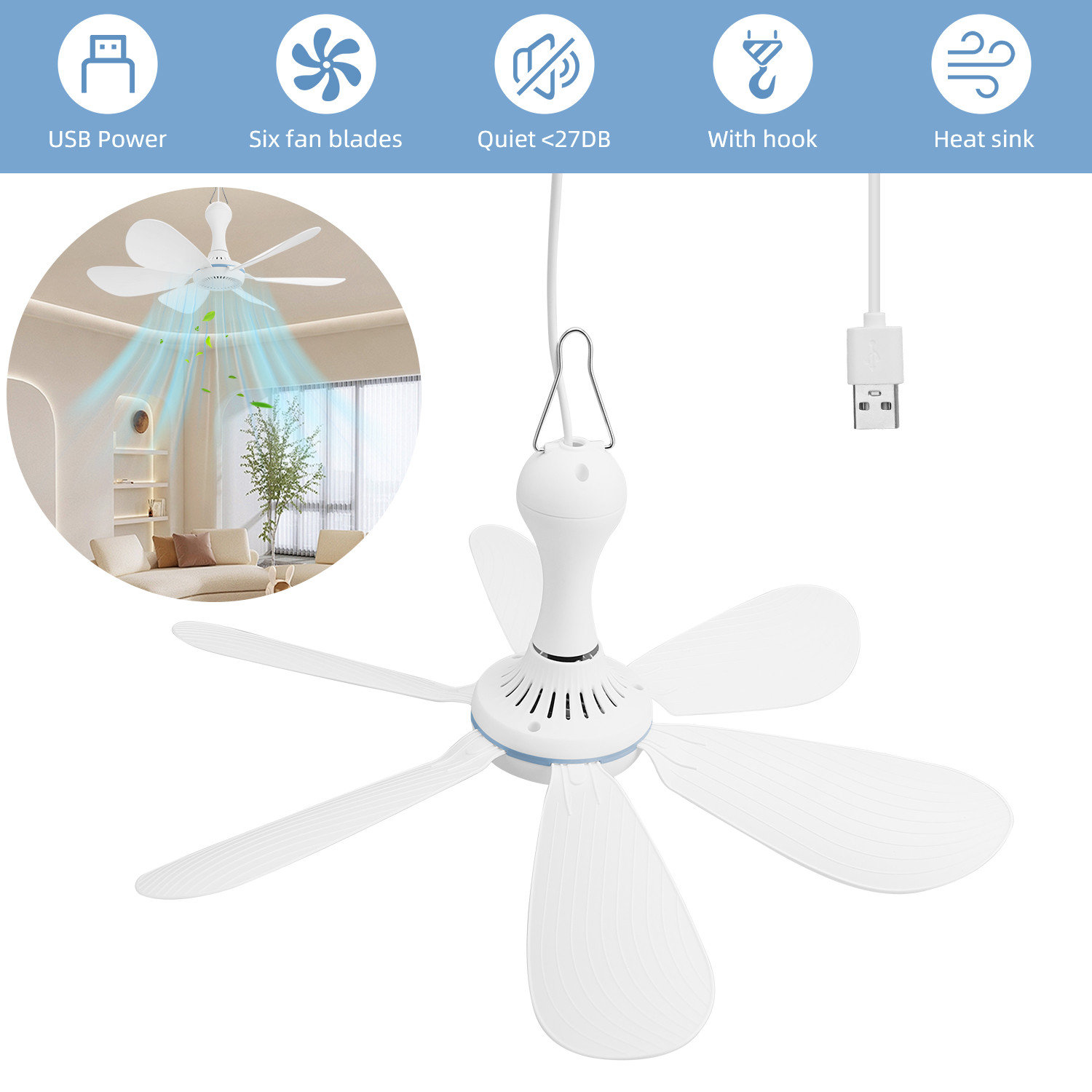 Biyori Personal Mini USB 6 Blade Ceiling Fan Hanging Household Mute ...