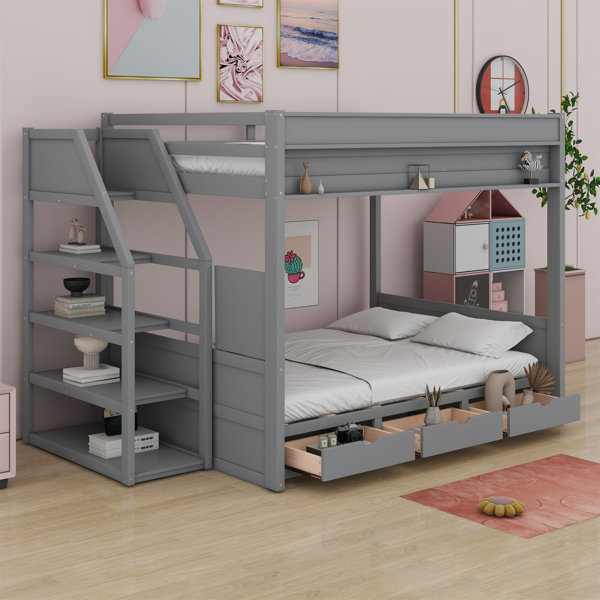Harriet Bee Convertible Bunk Bed With Storage Staircase, Bedside Table ...