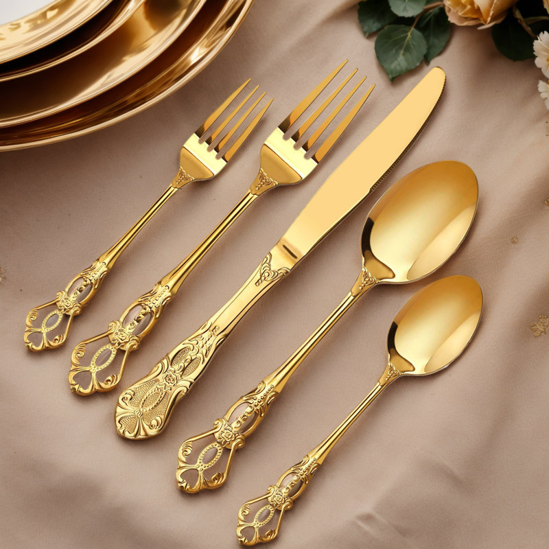 House of Hampton® Titanium Gold Plated Stainless Steel Flatware Set, 20 ...