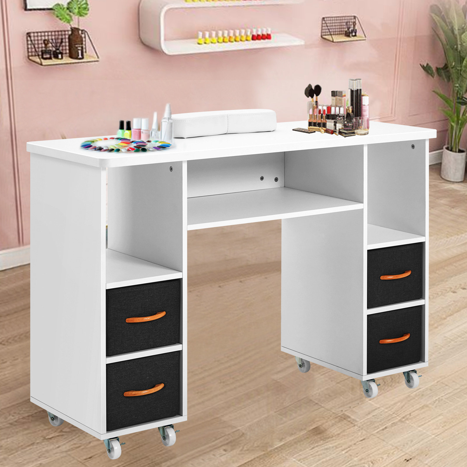 Orren Ellis White Manicure Table With Fabric Storage Drawers Wood Nail ...