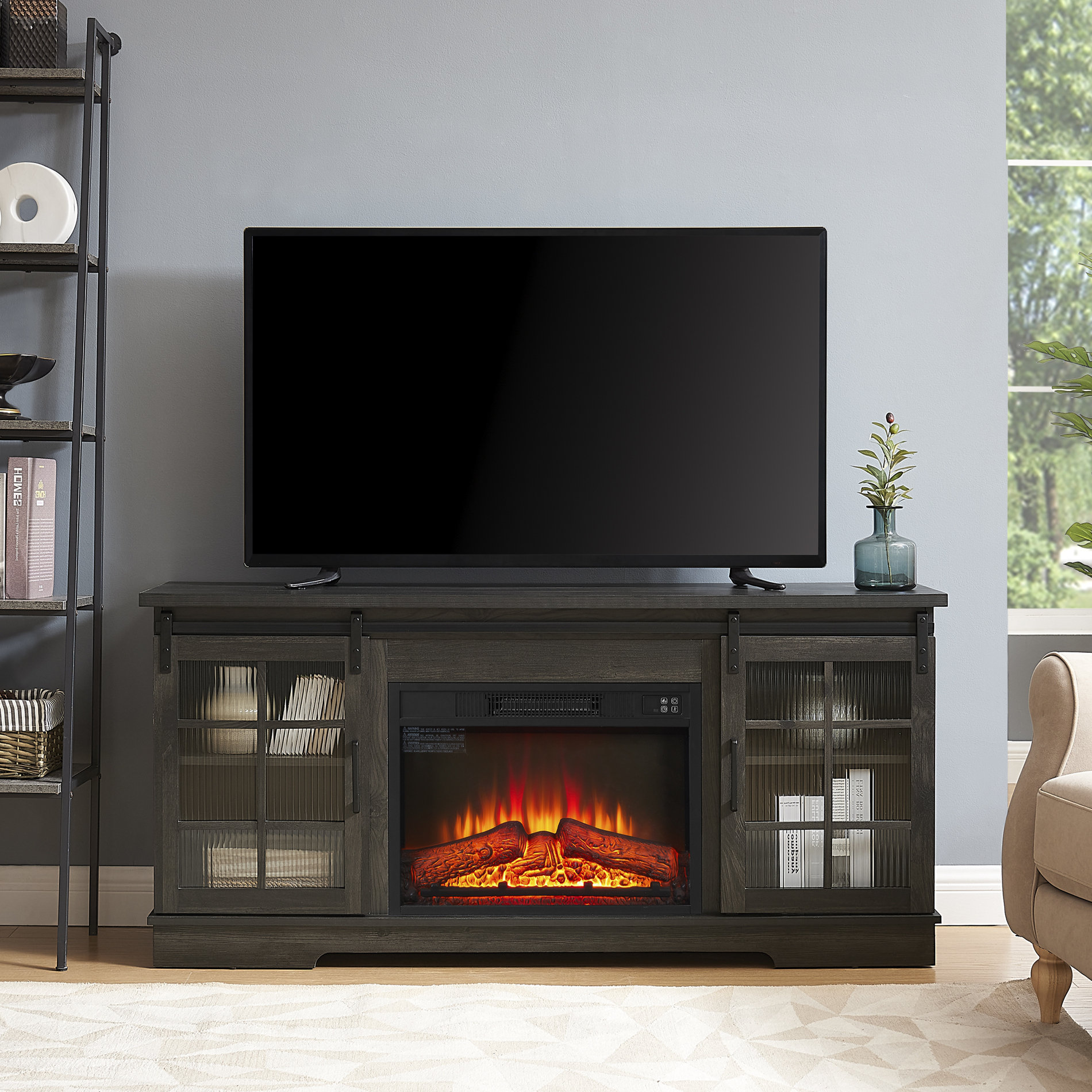 Gracie Oaks Saveena 59.13'' W Storage Credenza with Electric Fireplace Included | Wayfair