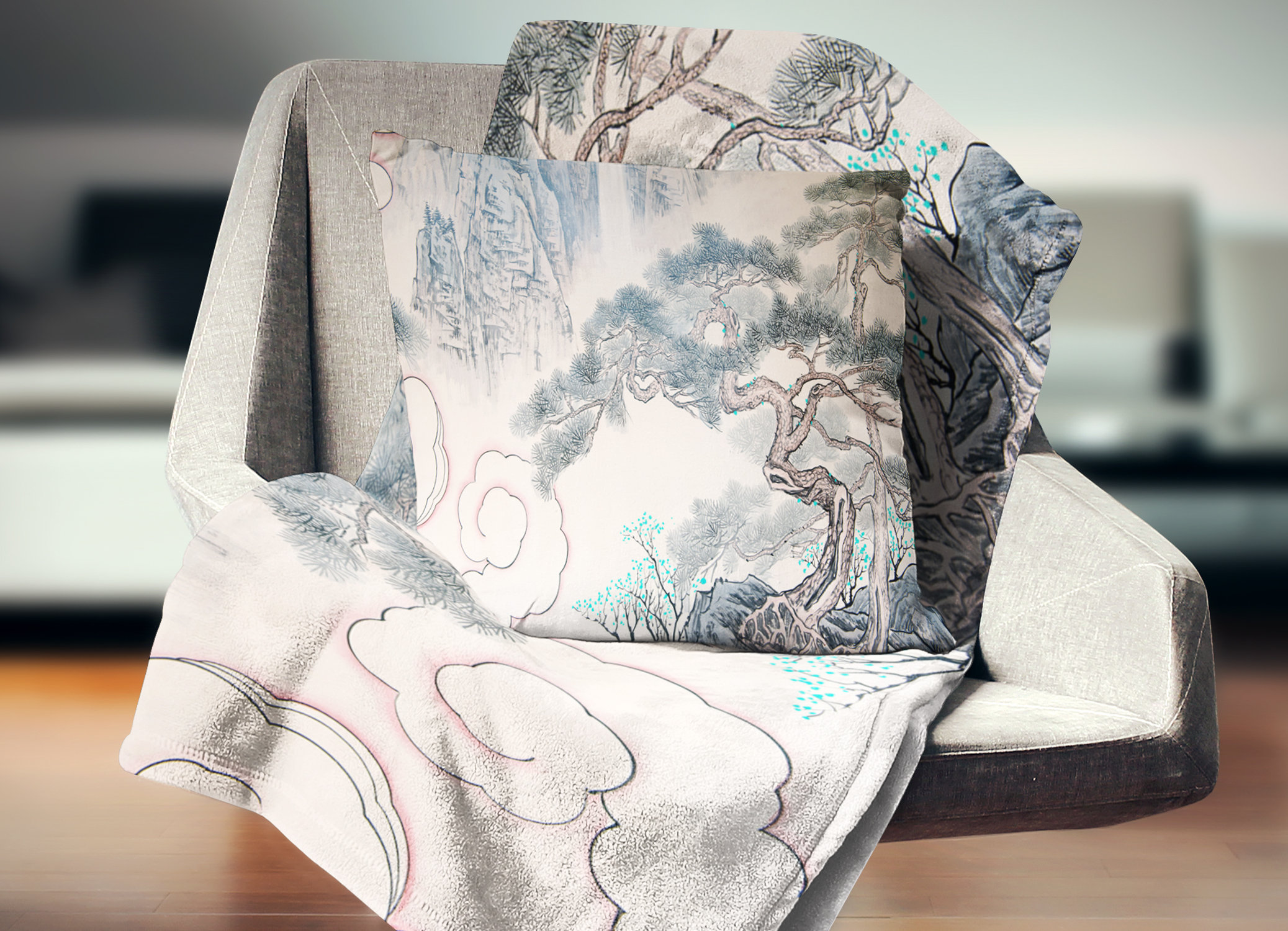 Design Art Chinese Blue Tree Art - Floral Printed Pillow | Wayfair