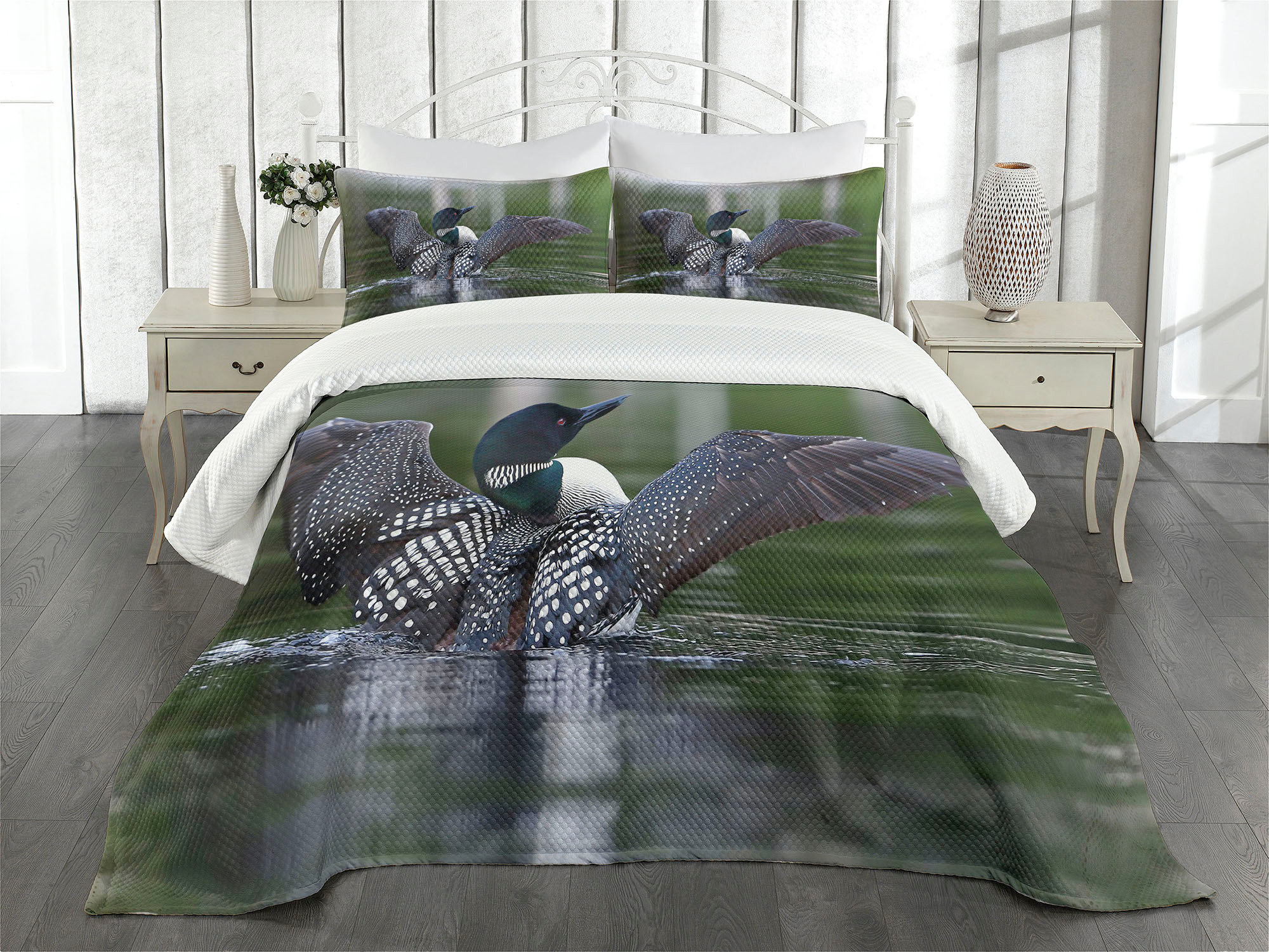 Ambesonne Loon Bedspread Set Image of Common Loon on Water Multicolor ...