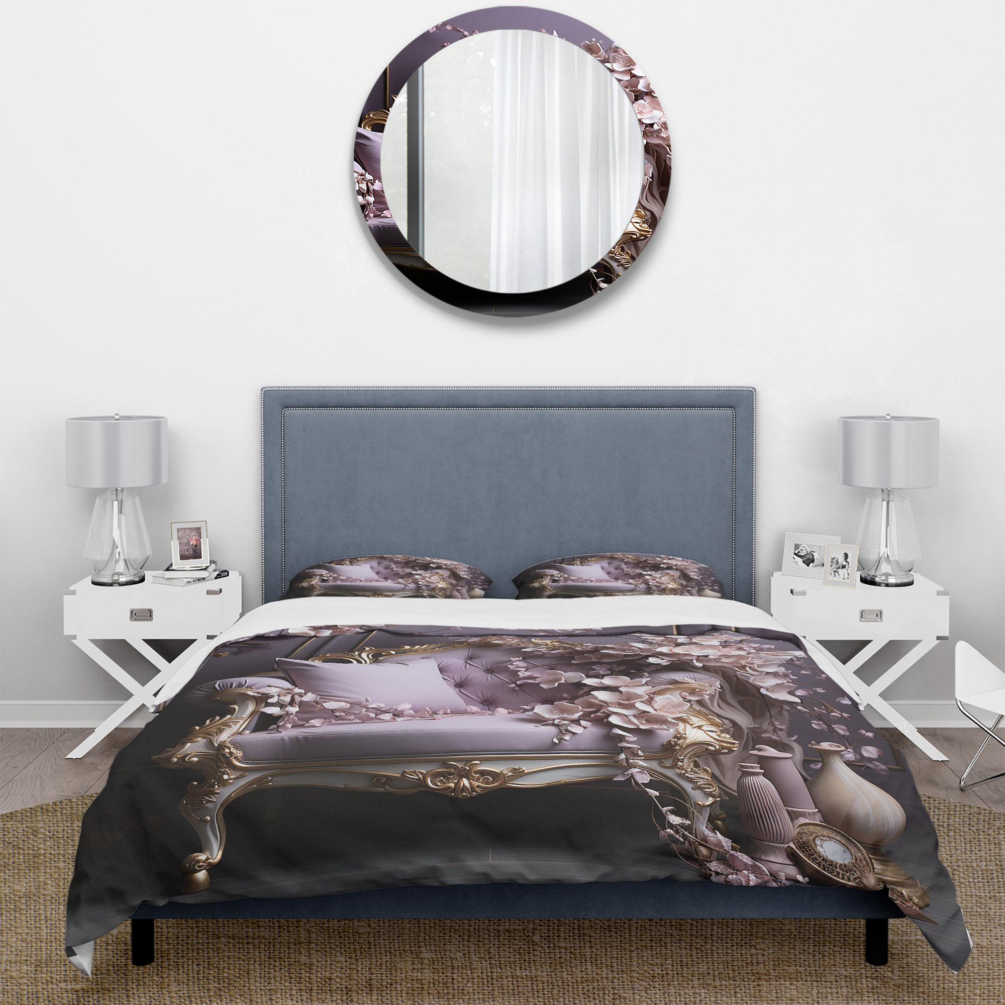 Design Art Lilac Couch Adorned With Gilded Accents - Floral Duvet Cover ...