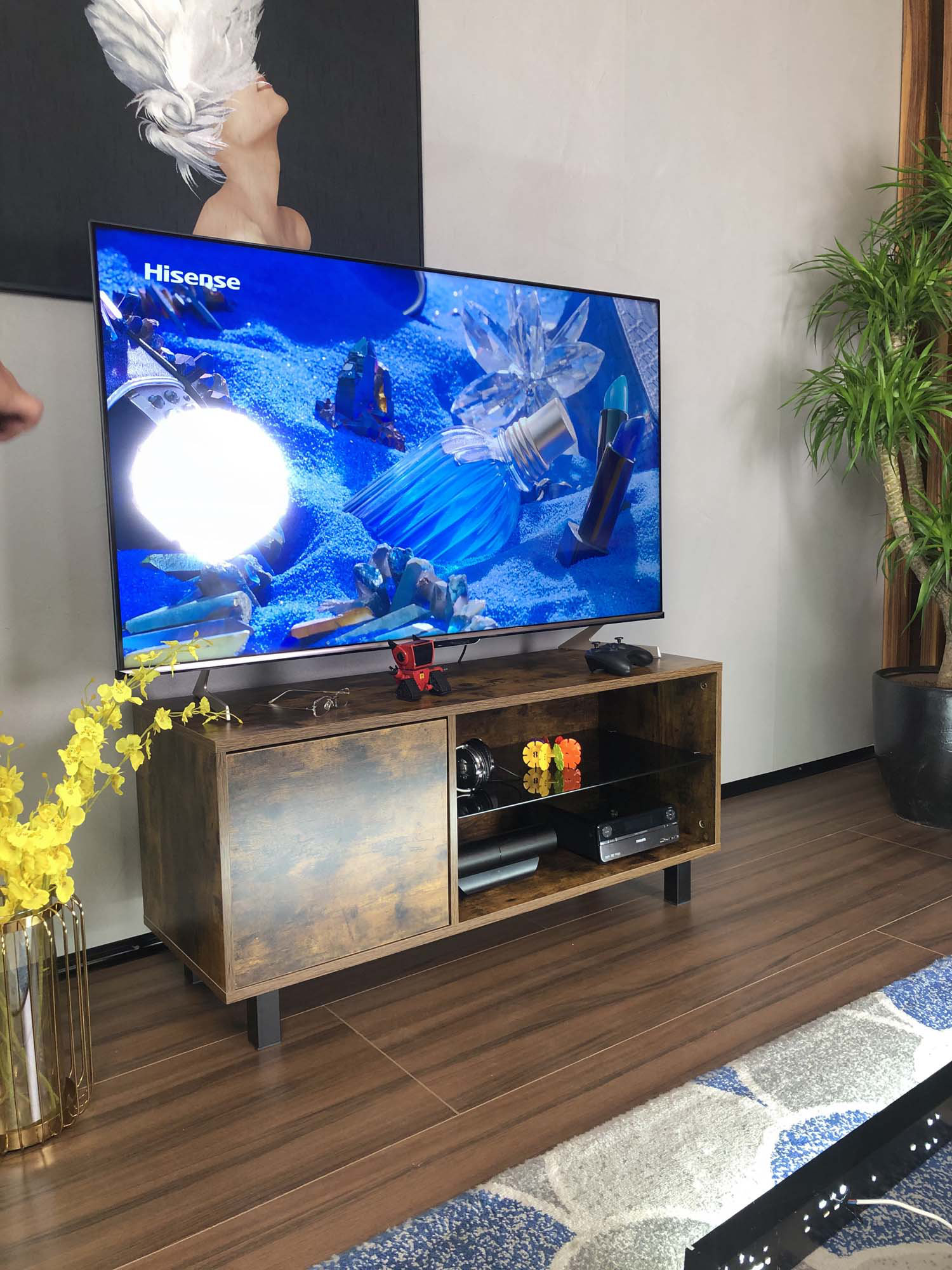 Ebern Designs Rustic Brown TV Console With Push-To-Open Storage Cabinet ...