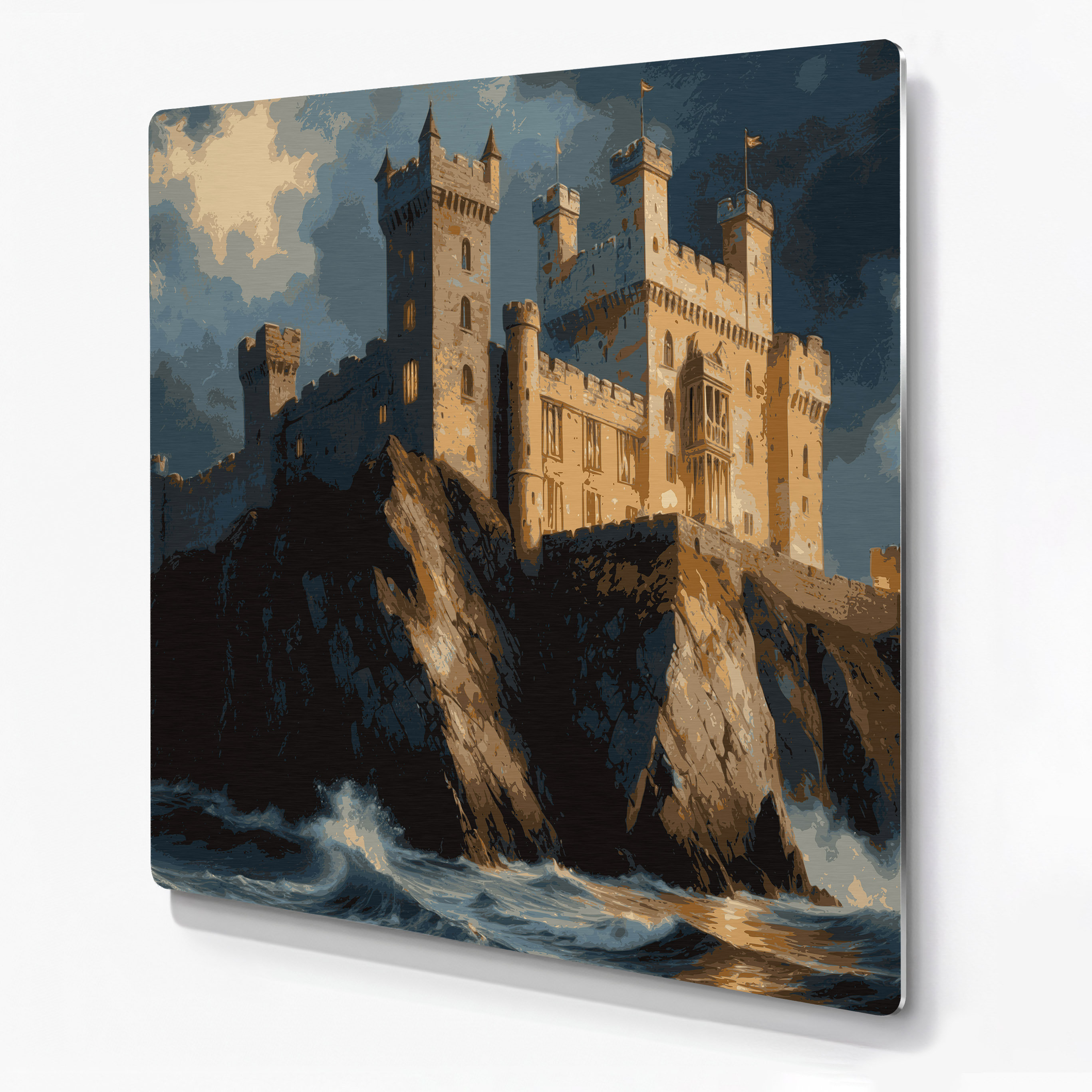 Orren Ellis SciFi Medieval castle on cliff Black Metal Wall Art | Wayfair