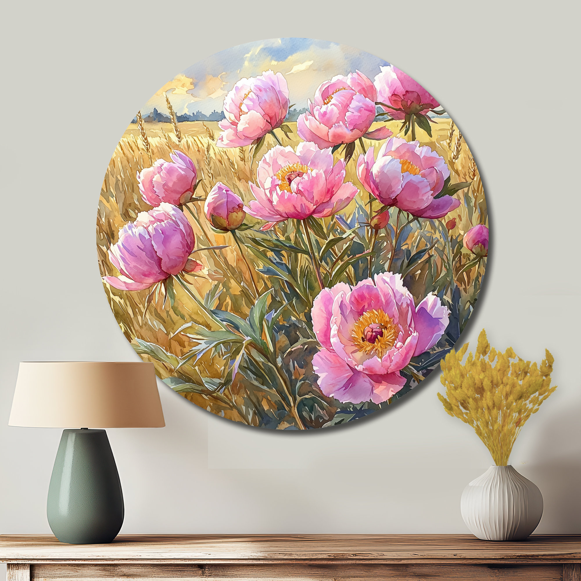 Latitude Run® Peonies By The Field Of Gold II - Traditional Pink Metal ...
