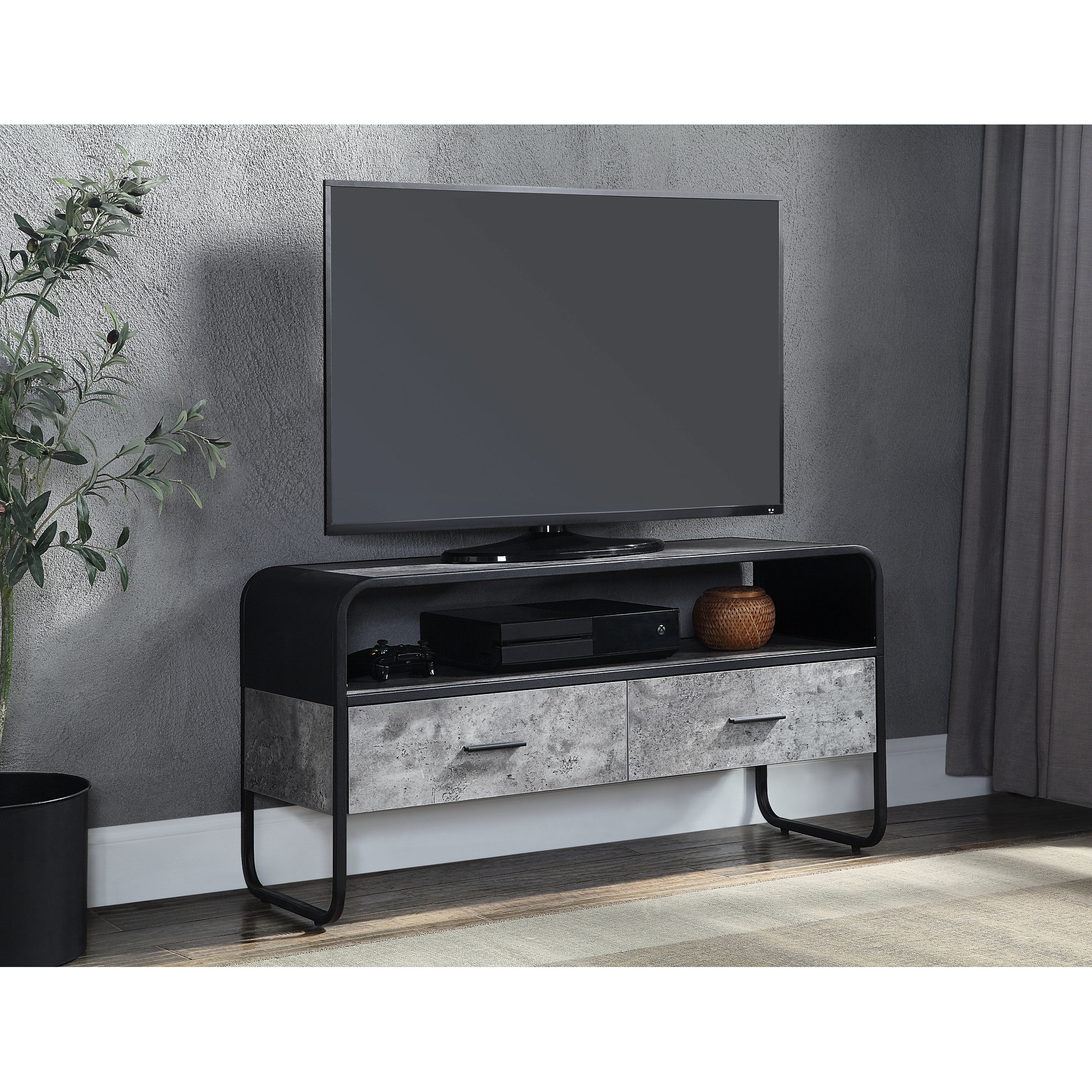 Latitude Run® Concrete Gray & Black Tv Console With Metal Frame And ...